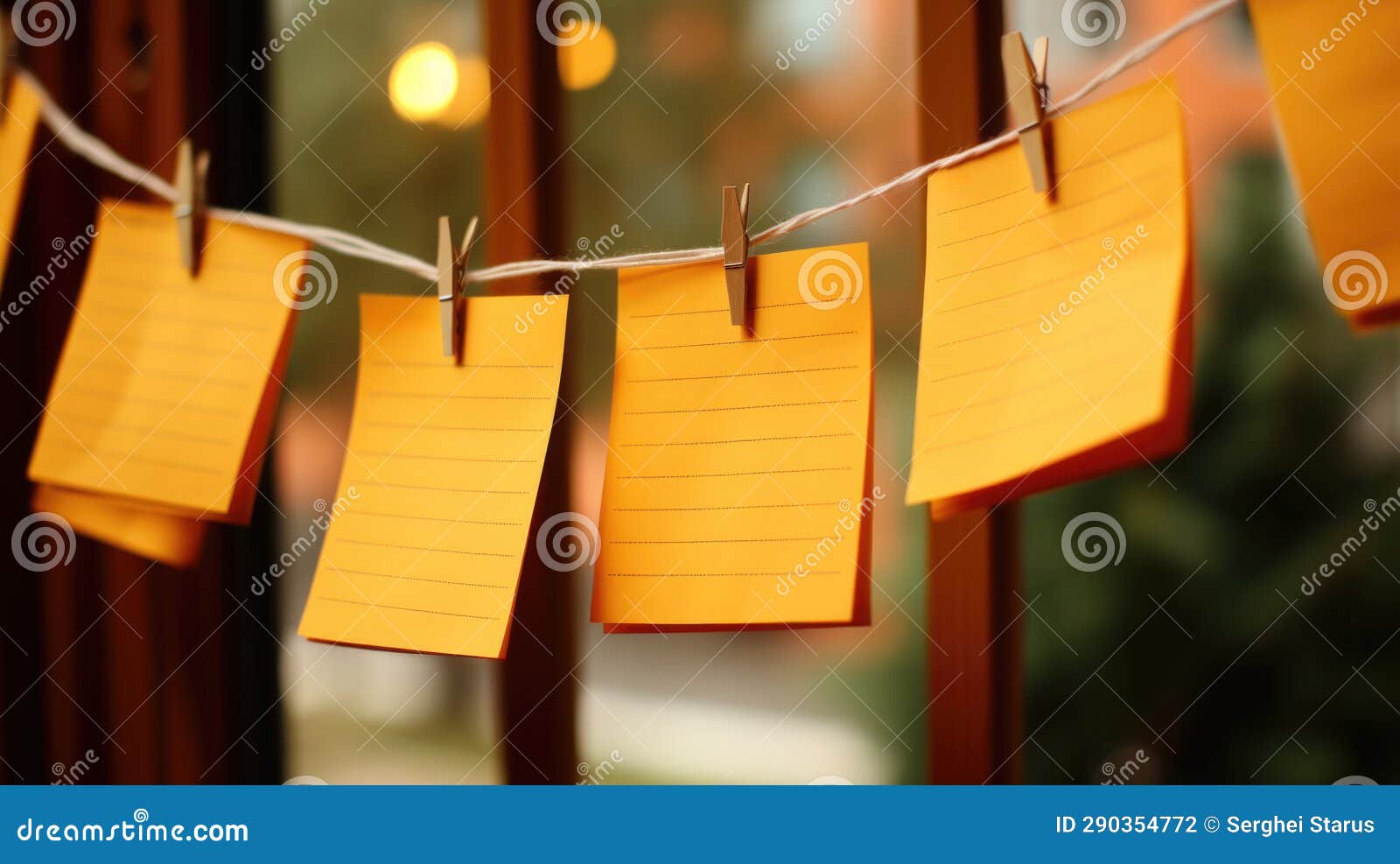 A String of Yellow Sticky Notes Hanging on a Clothesline, AI Stock ...