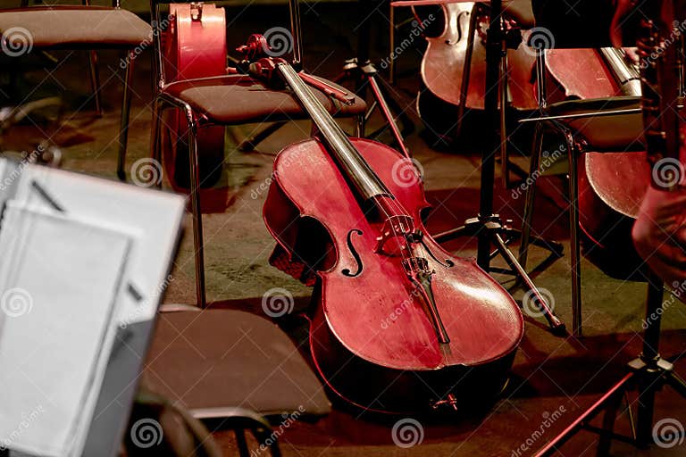 Stringed Musical Instrument Cello Lies in the Orchestra Pit Stock Photo ...