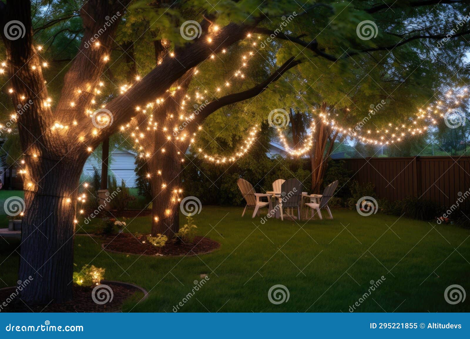 Strings of Fairy Lights Wrapped Around Trees in the Backyard Stock ...