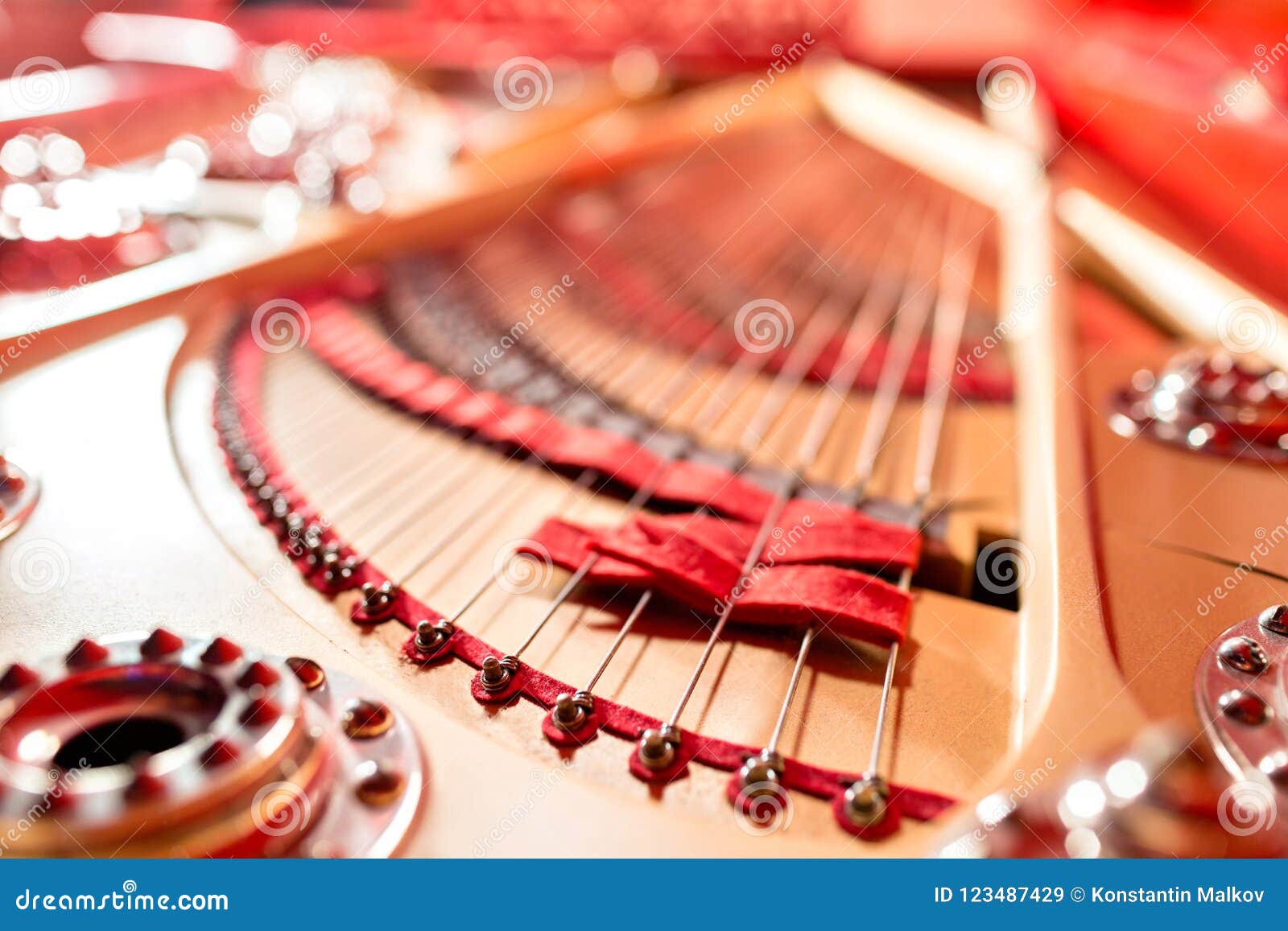 Strings Inside a Red Grand Piano. Piano Playing, Dampers, Felt Hammers ...