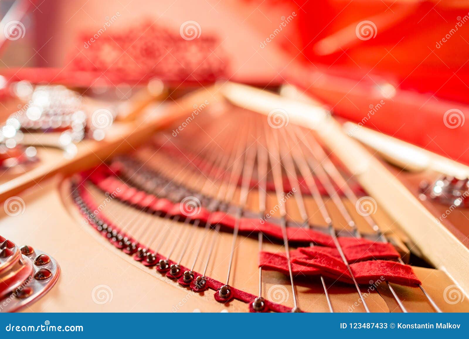 Strings Inside a Red Grand Piano. Piano Playing, Dampers, Felt Hammers ...