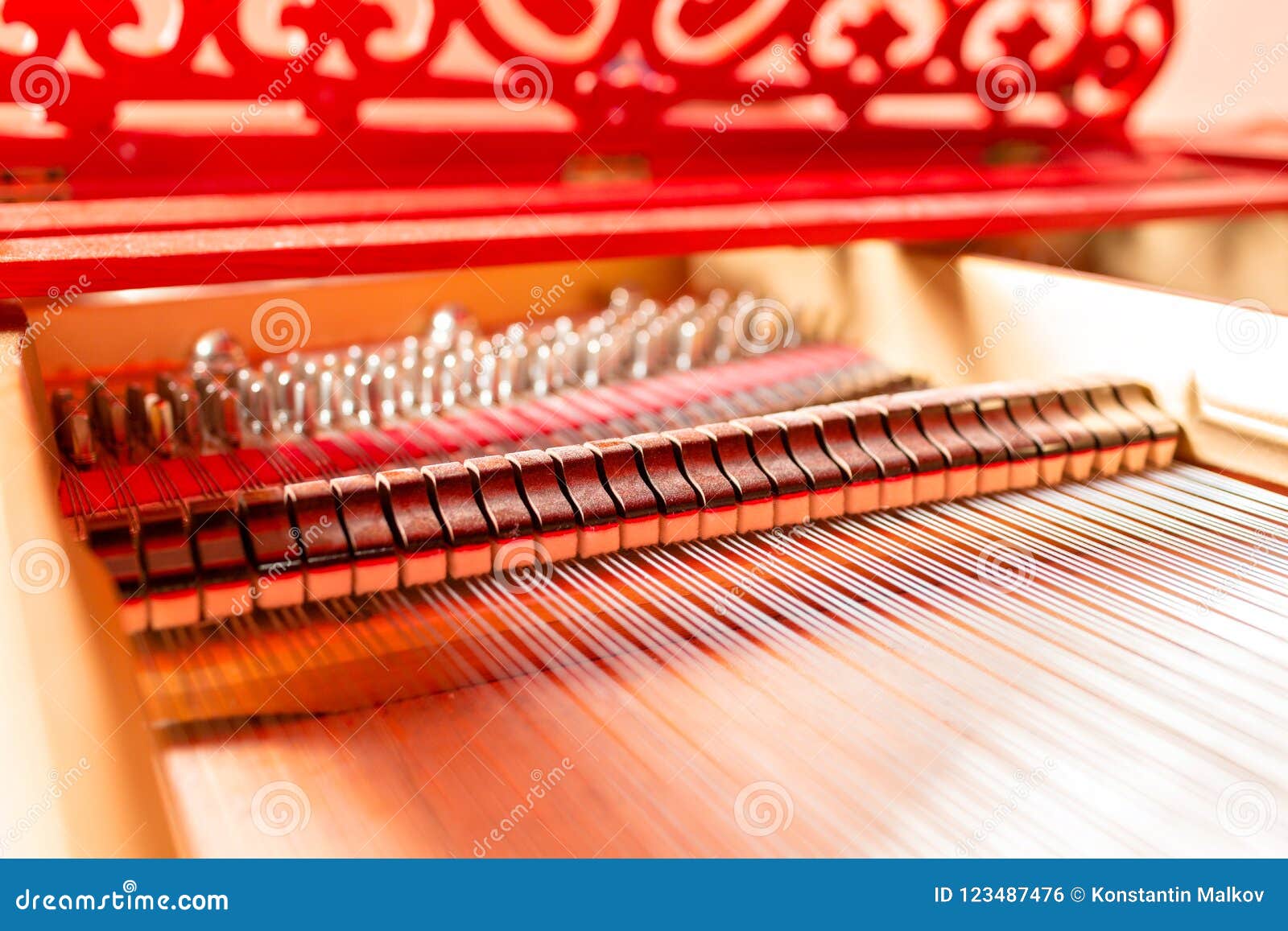 Strings Inside a Red Grand Piano. Piano Playing, Dampers, Felt Hammers ...