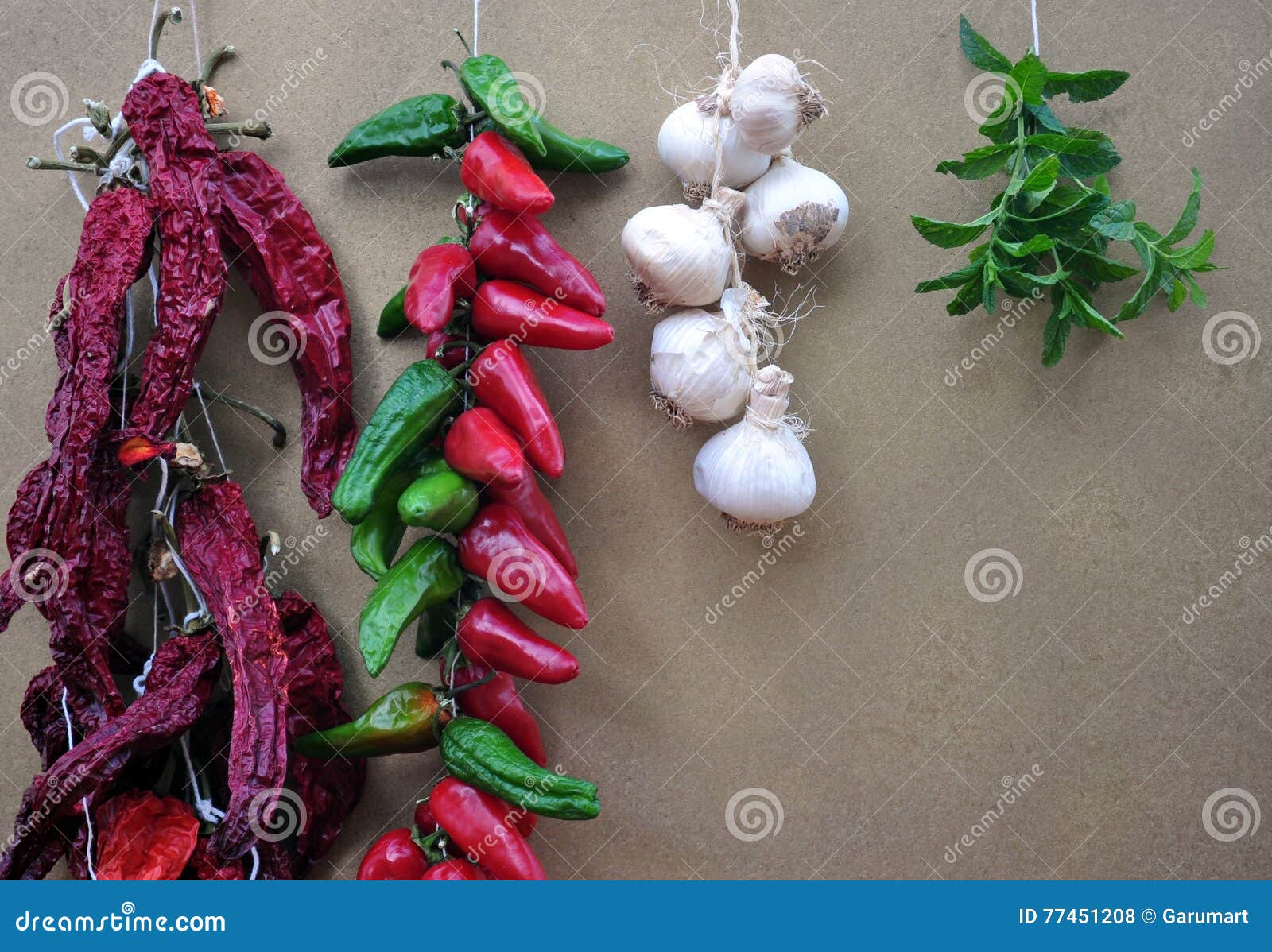 Strings of Peppers , Chilies , Garlic Stock Photo - Image of mint ...