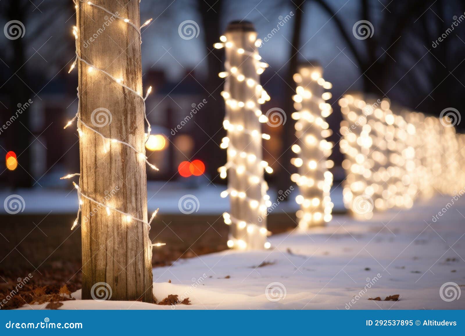 Strings of White Fairy Lights Wrapped Around Posts Stock Image - Image ...
