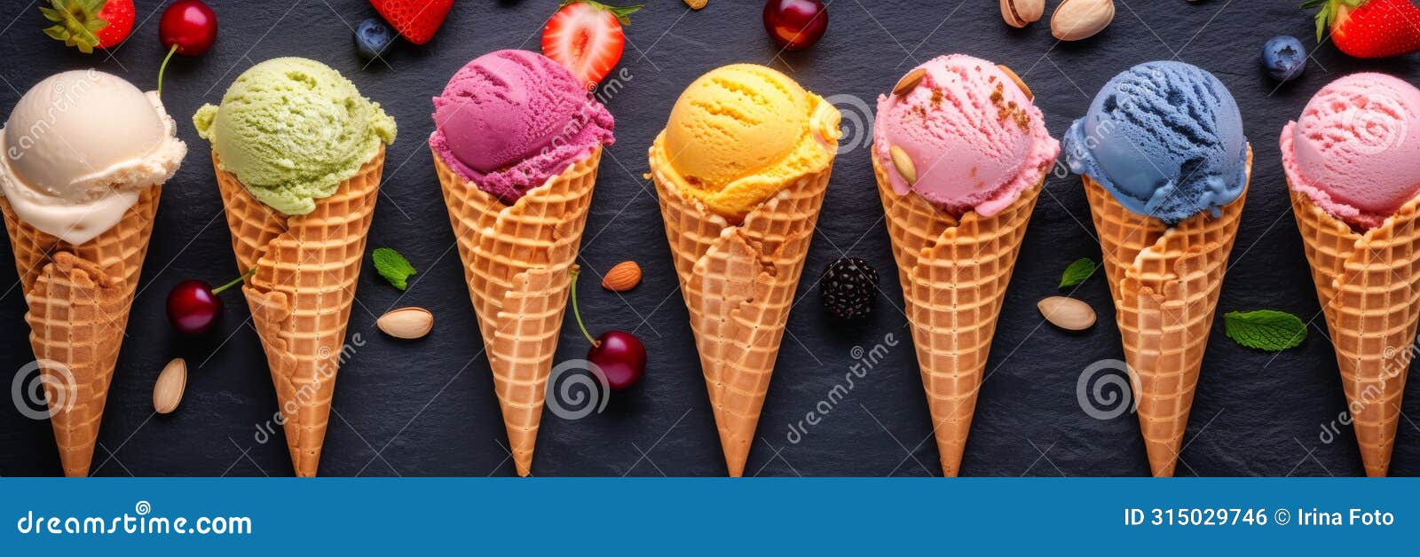 Stripe of Various Ice Cream Flavors with Berries and Nuts on Black ...
