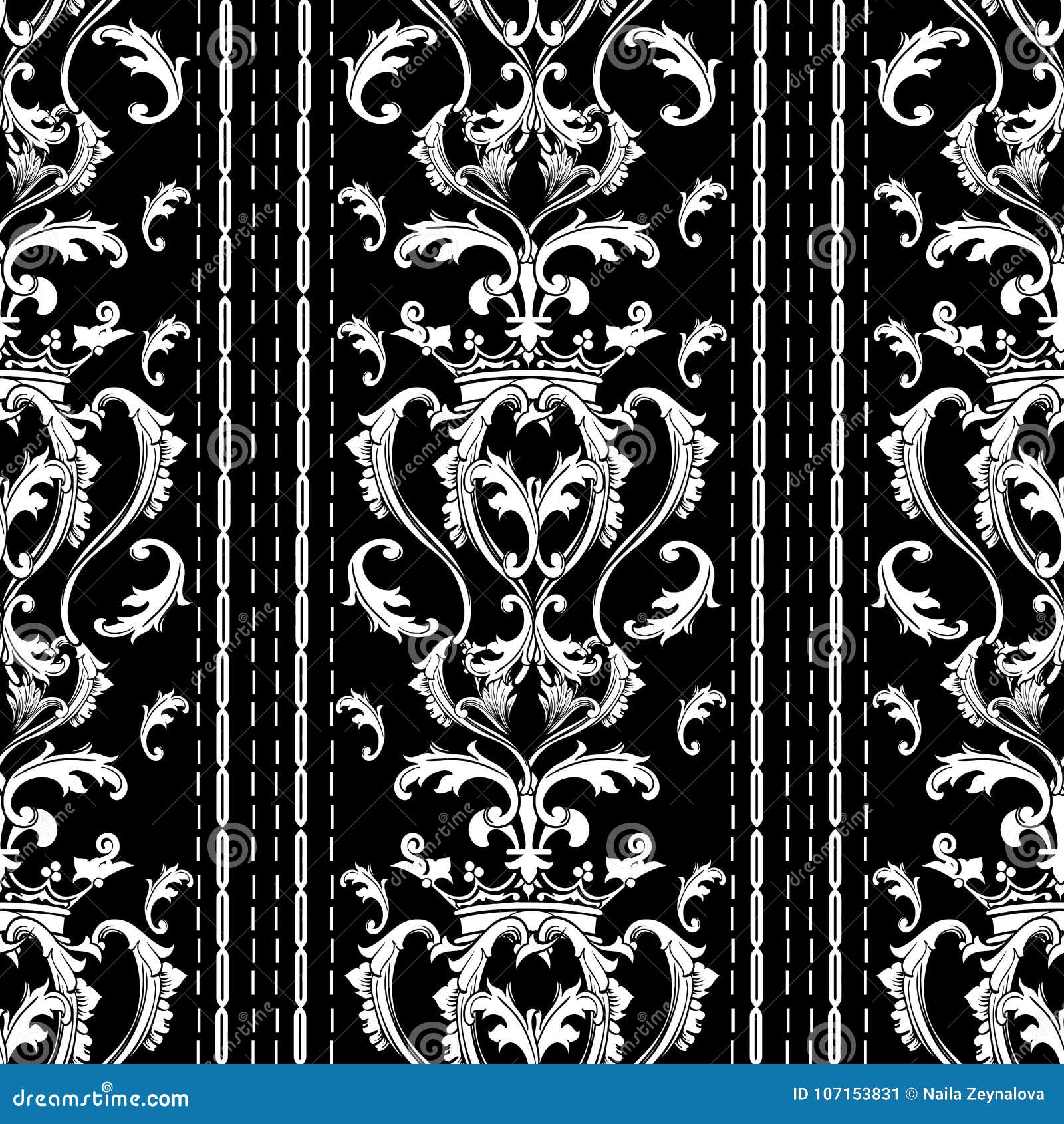 Striped Baroque Seamless Pattern. Vector Black Floral Background ...