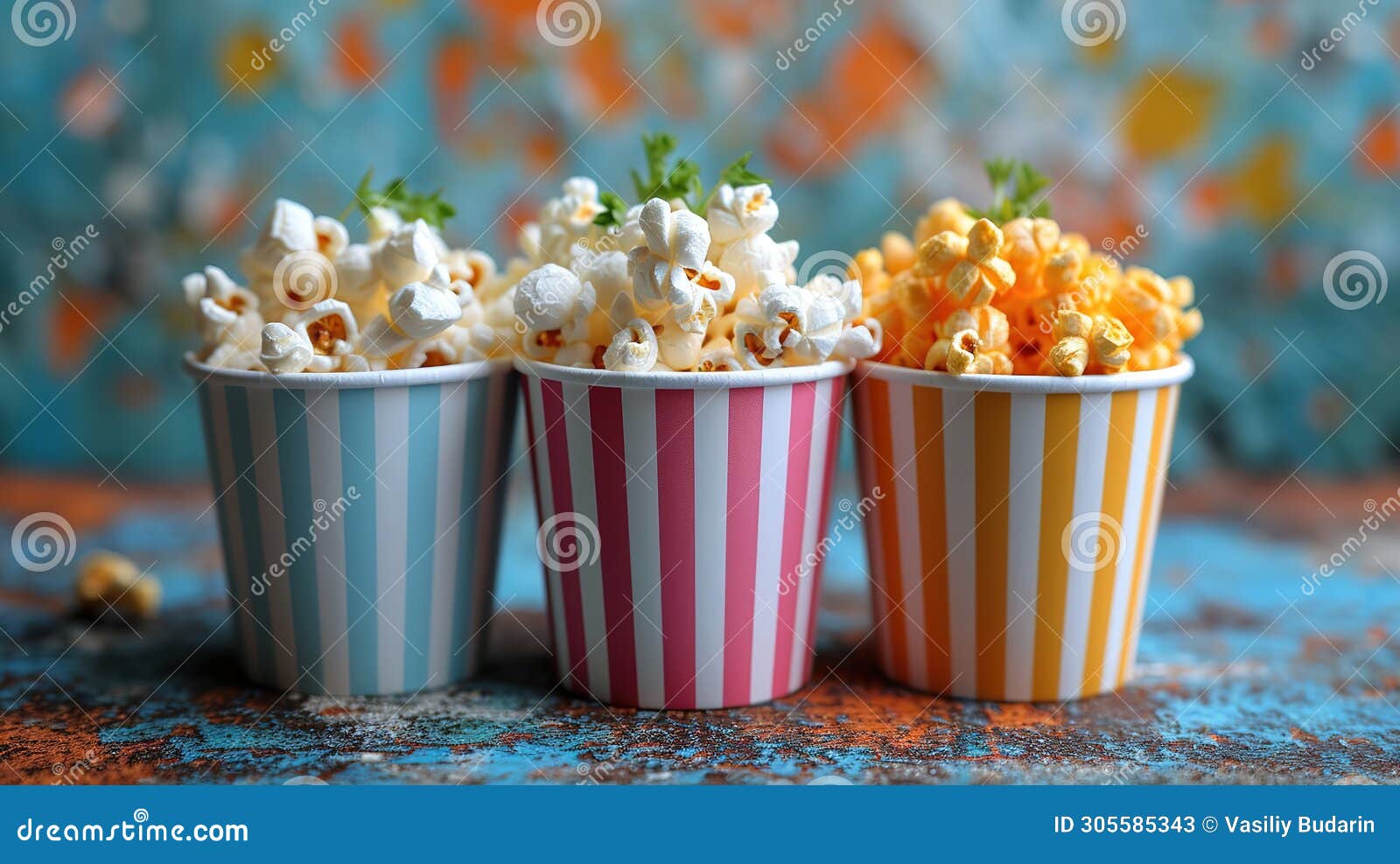 Striped Box with Popcorn on Blue Background. with Copy Space. Stock ...