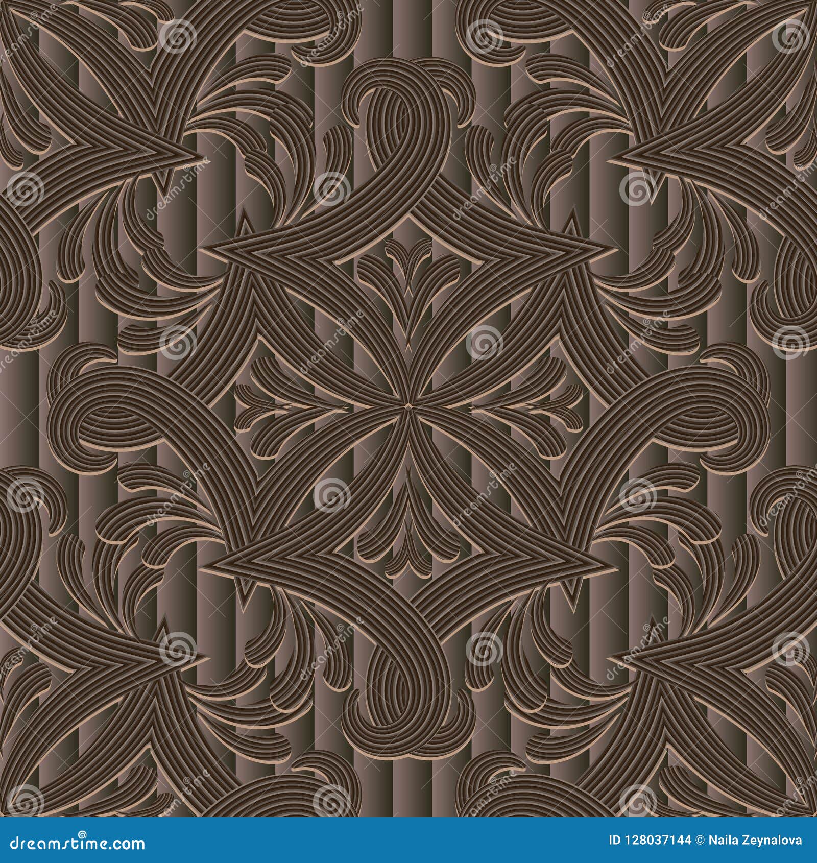 Striped Brown Textured 3d Vector Seamless Pattern. Ornamental Da Stock ...