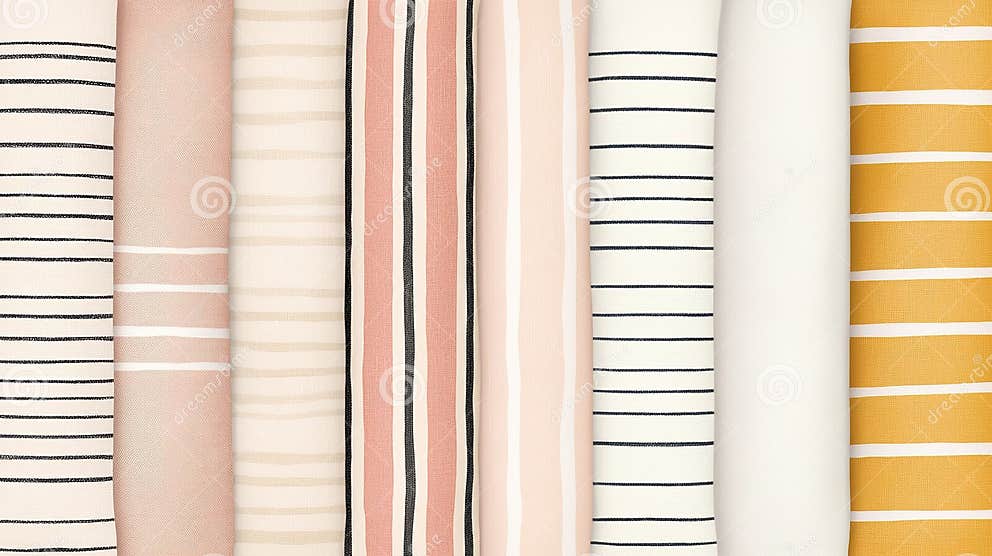 Striped Fabric Rolls in Various Colors Displayed Neatly on a Surface ...