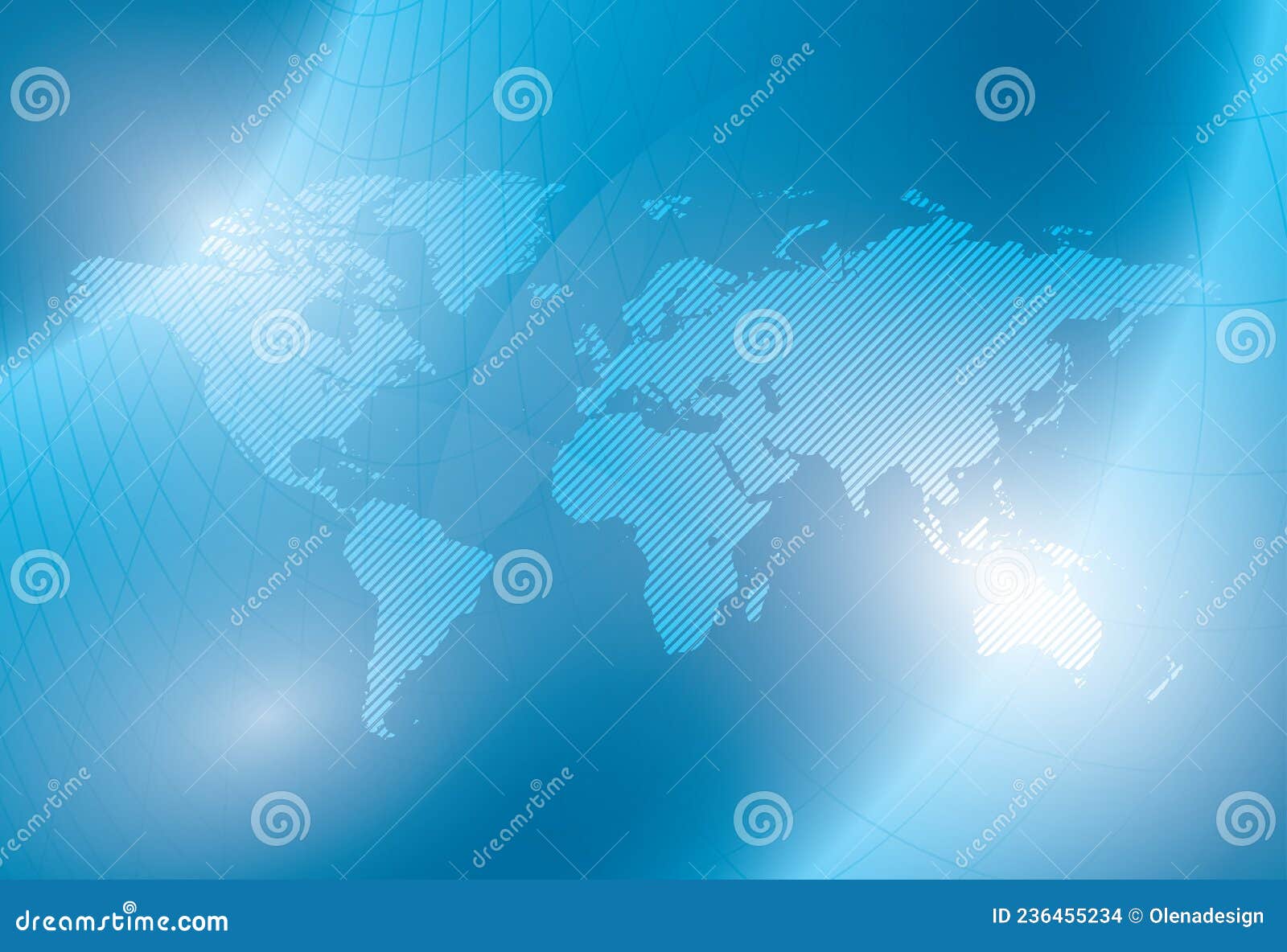 Striped Light Blue World Map on Blue Vector Background with Grid Stock ...