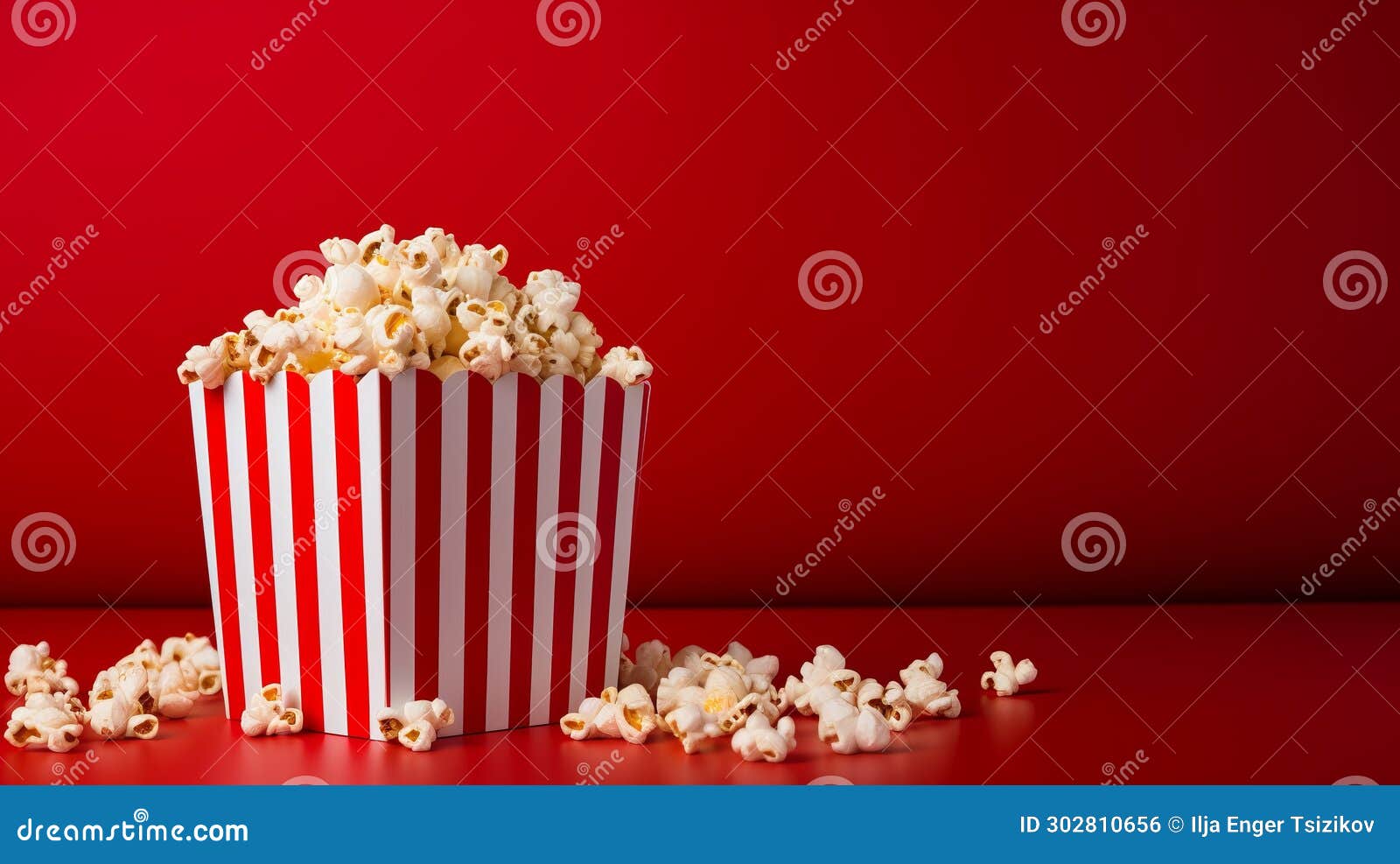 Striped Popcorn Box with Buttered Popcorn on Red Gradient Background ...