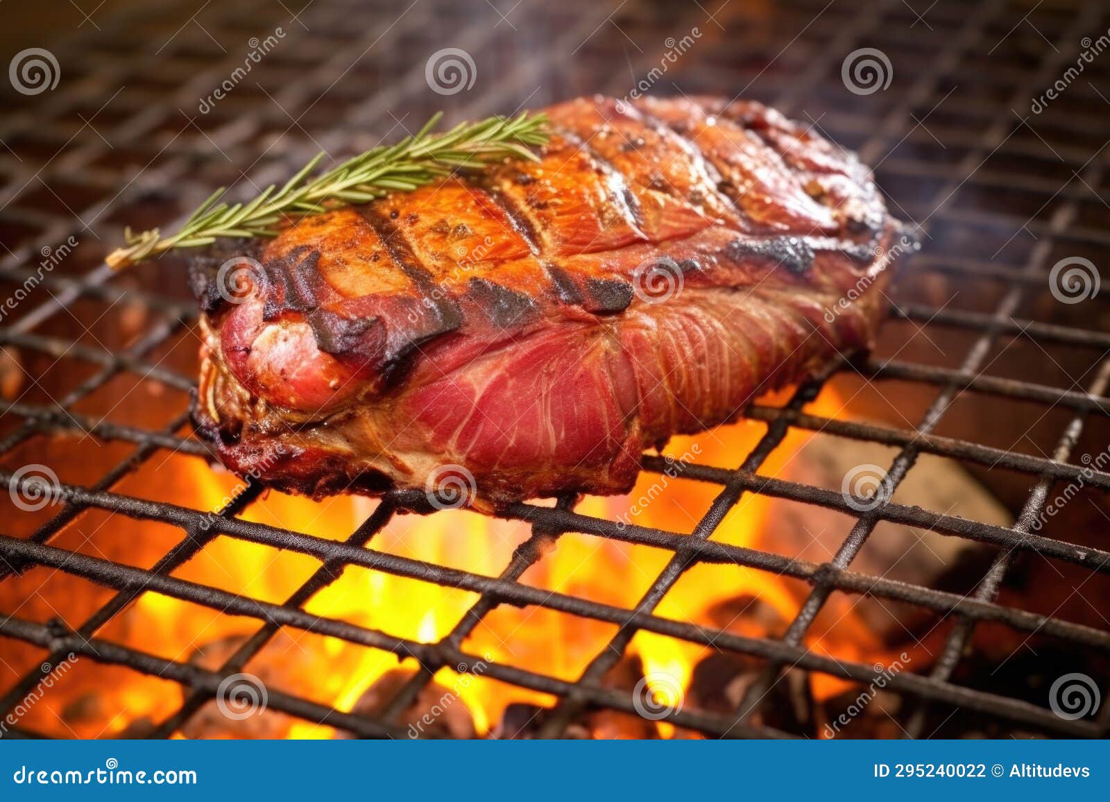 Striped Sirloin Steak on a Wire Rack Over Fire Stock Photo - Image of ...