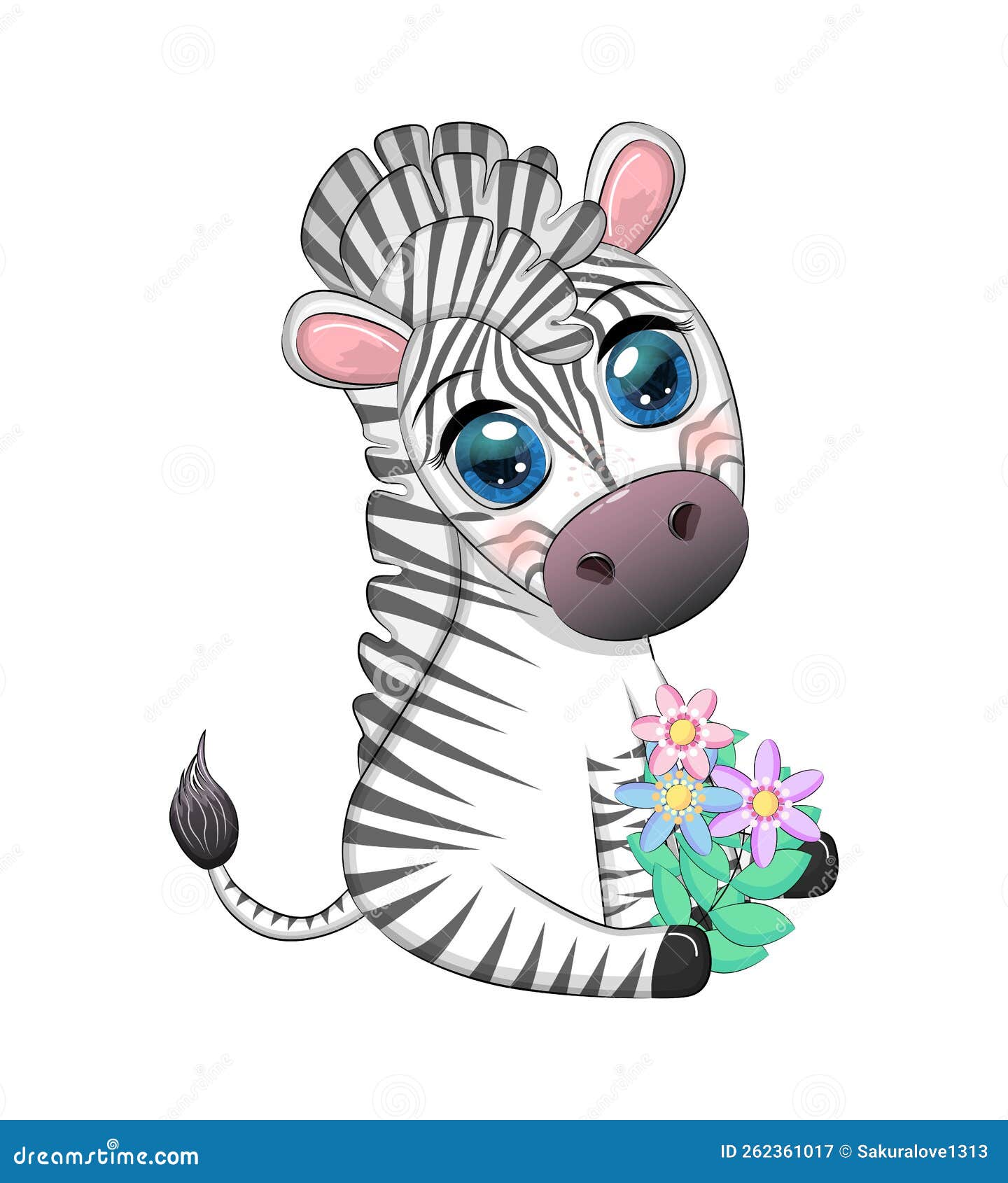 Striped Zebra in a Wreath of Flowers, with a Bouquet. Spring is Coming ...