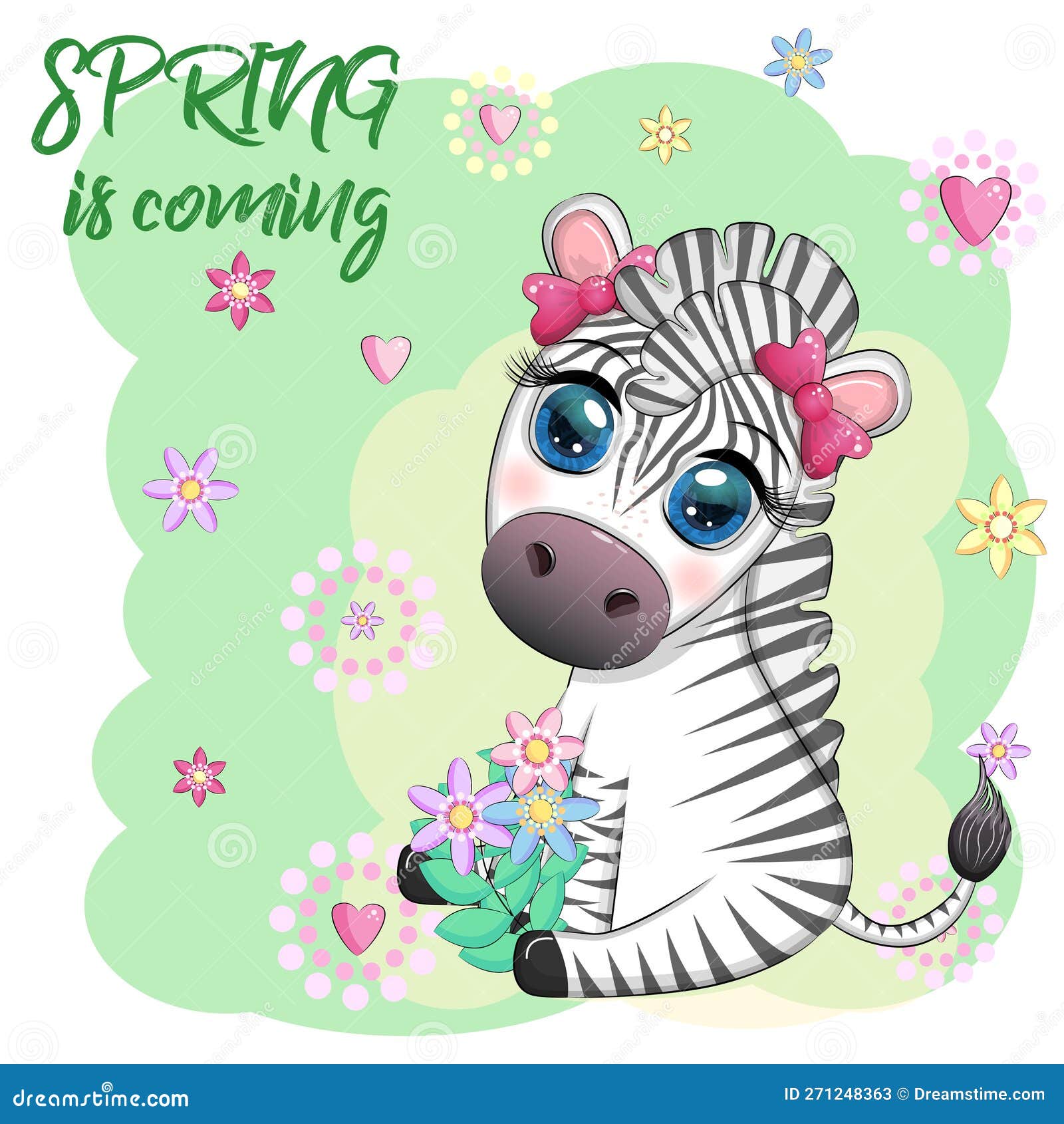 Striped Zebra in a Wreath of Flowers, with a Bouquet. Spring is Coming ...