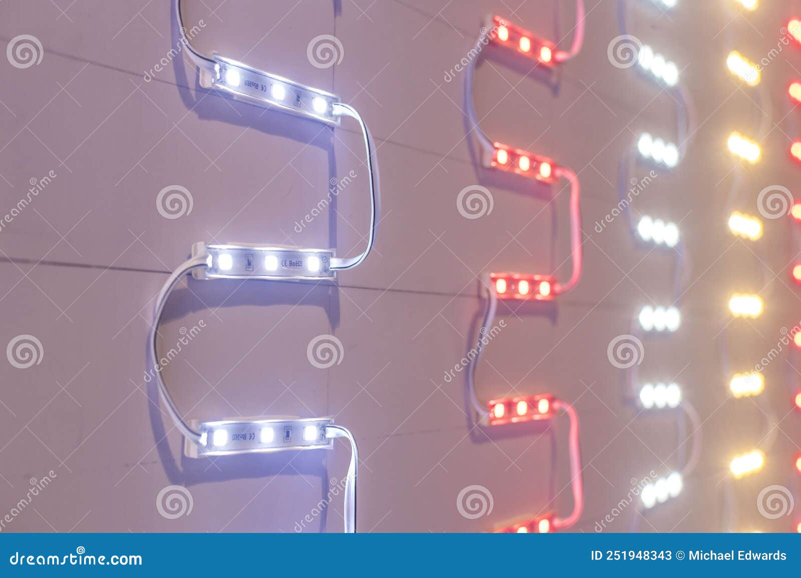 Strips of 12 Volt Poxy LED Modules Lights in Various Colors on Display ...