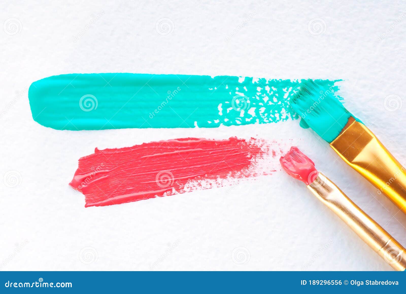 Strokes of Mint Blue and Red Acrylic Paint and Two Brushes. Place for ...