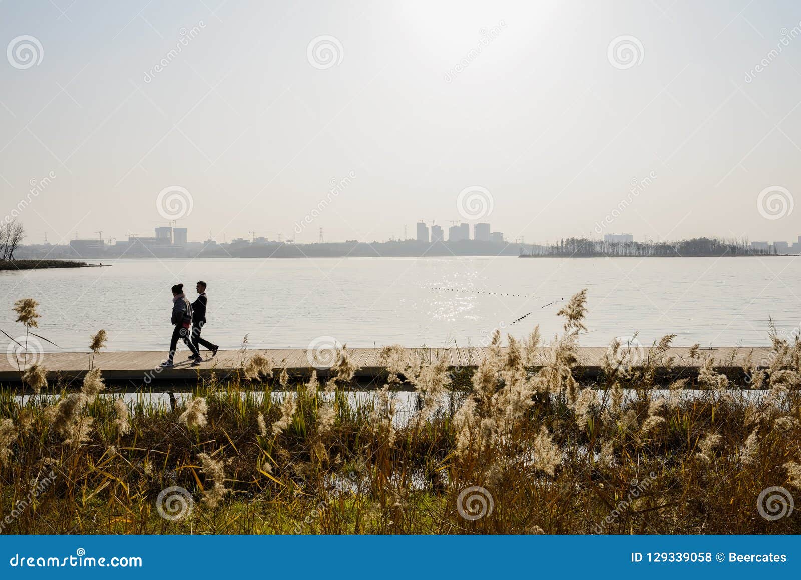 Strollers Walking on Lakeside Planked Path in Sunny Winter after ...