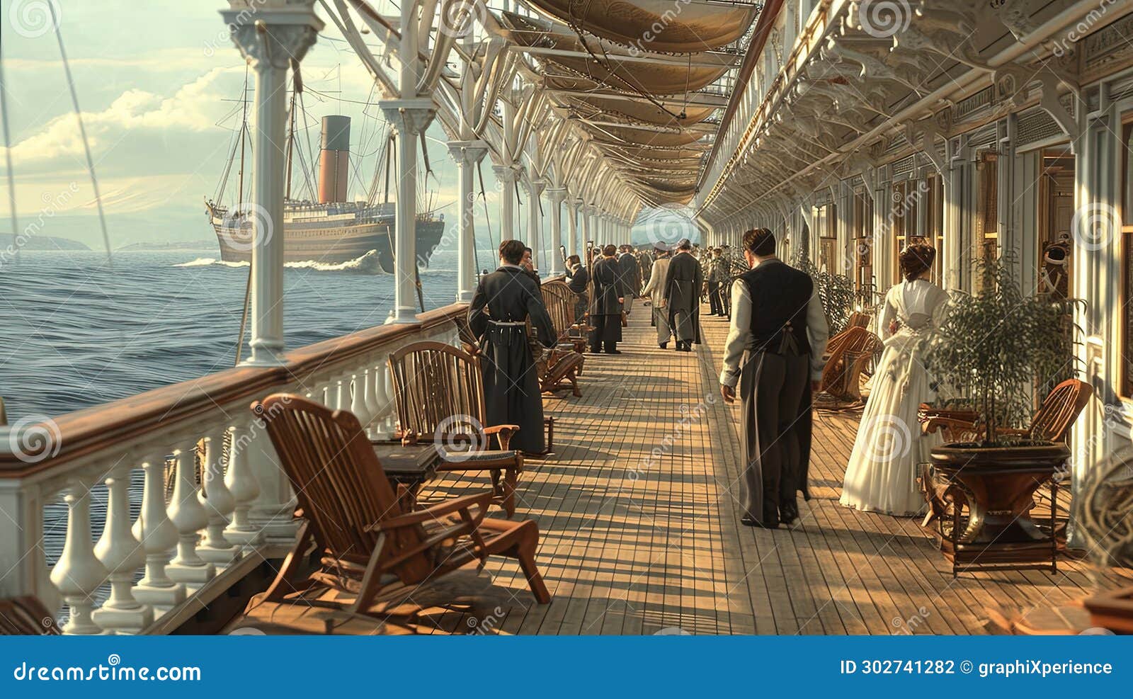 Strolling on Titanics Promenade Deck Stock Illustration - Illustration ...