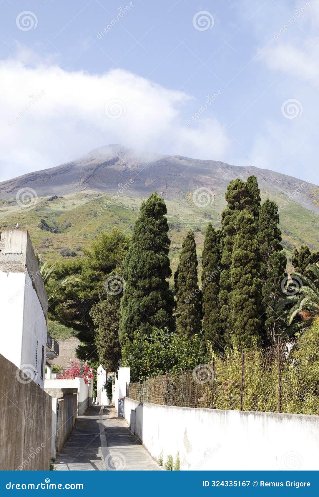 Stromboli Village and the Volcano Stock Image - Image of pavement ...
