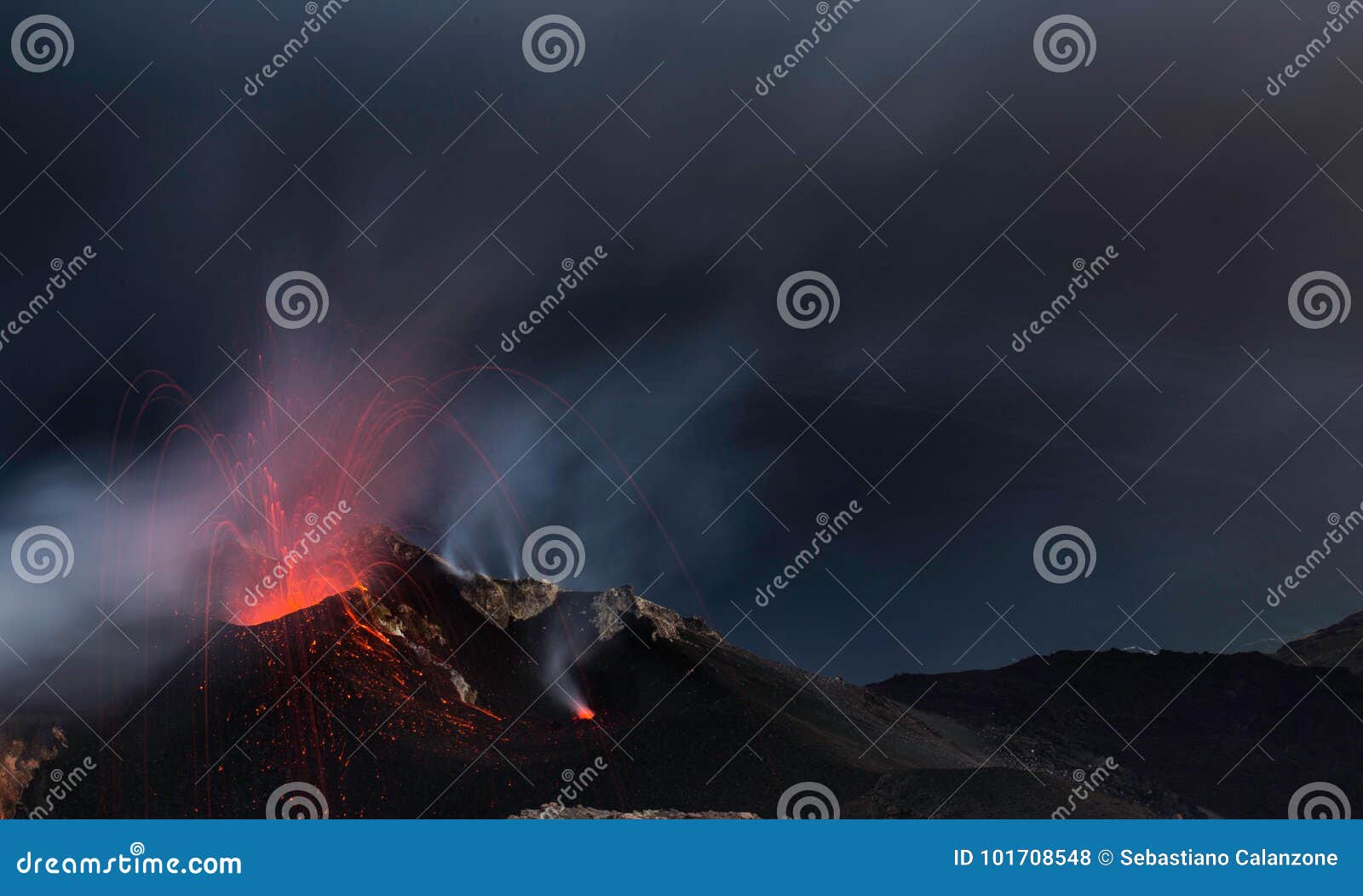 Strombolian Eruption From Stromboli Volcano With Lava Trails Explosion ...
