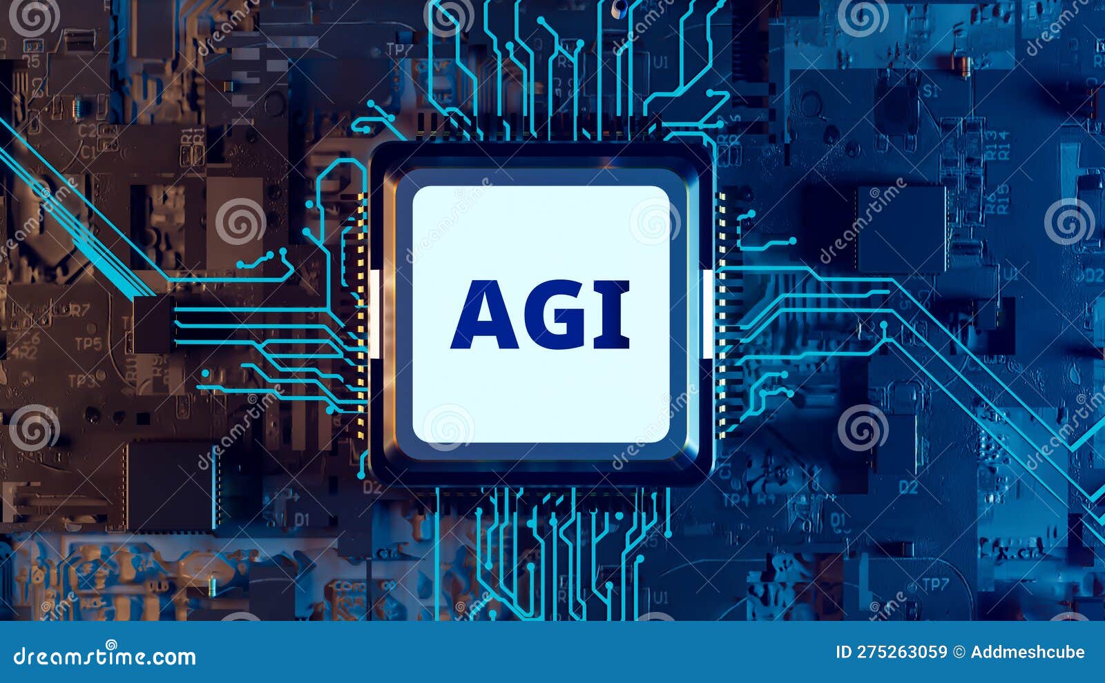Strong Artificial Intelligence "AGI" Motherboard And CPU Background, 3D ...