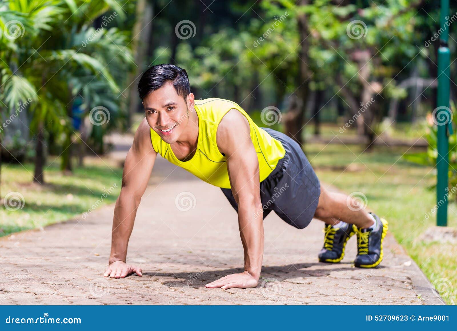 Strong Asian Man Doing Sport Push-up in Park Stock Image - Image of ...