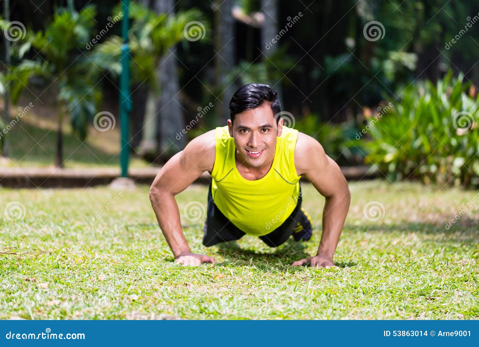 Strong Asian Man Doing Sport Push-up in Park Stock Photo - Image of ...