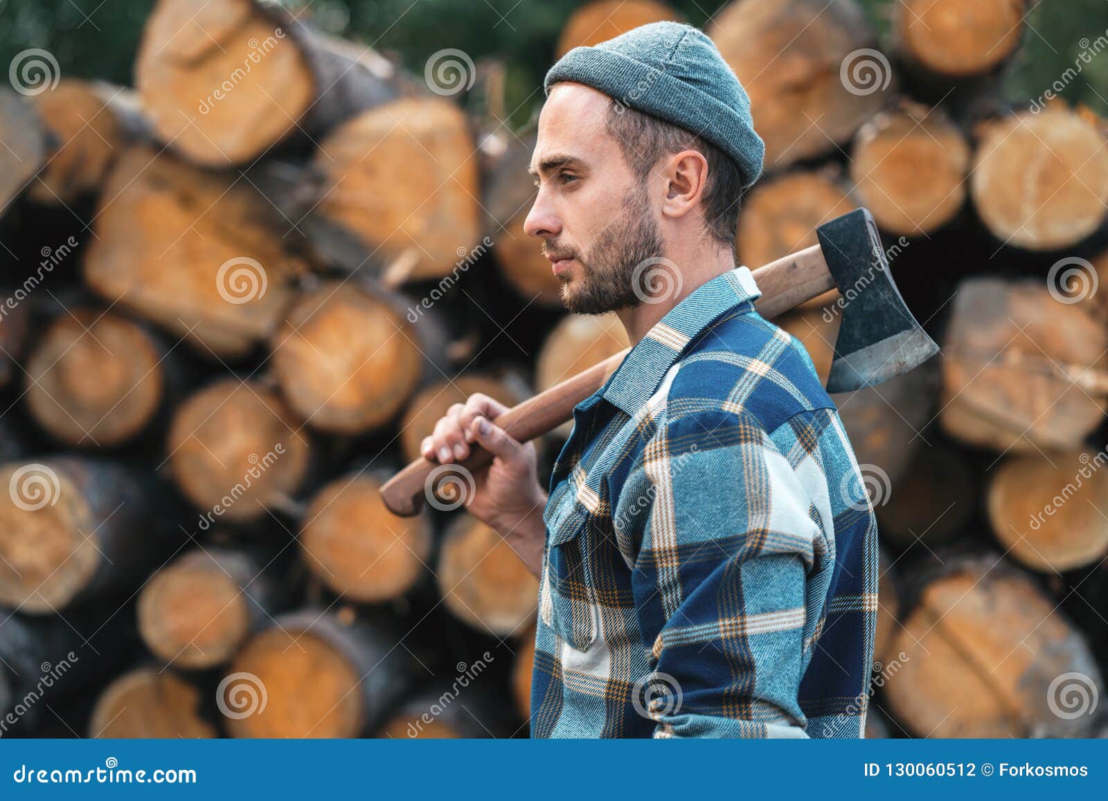 Strong Bearded Lumberjack Holds Ax on His Shoulder Stock Photo - Image ...