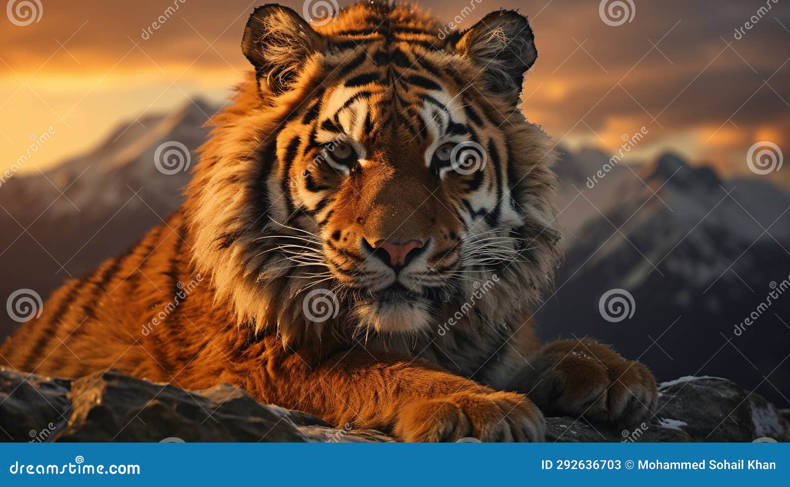 A Strong Bengal Tiger Relax on Mountain Top Selective Focus Background ...