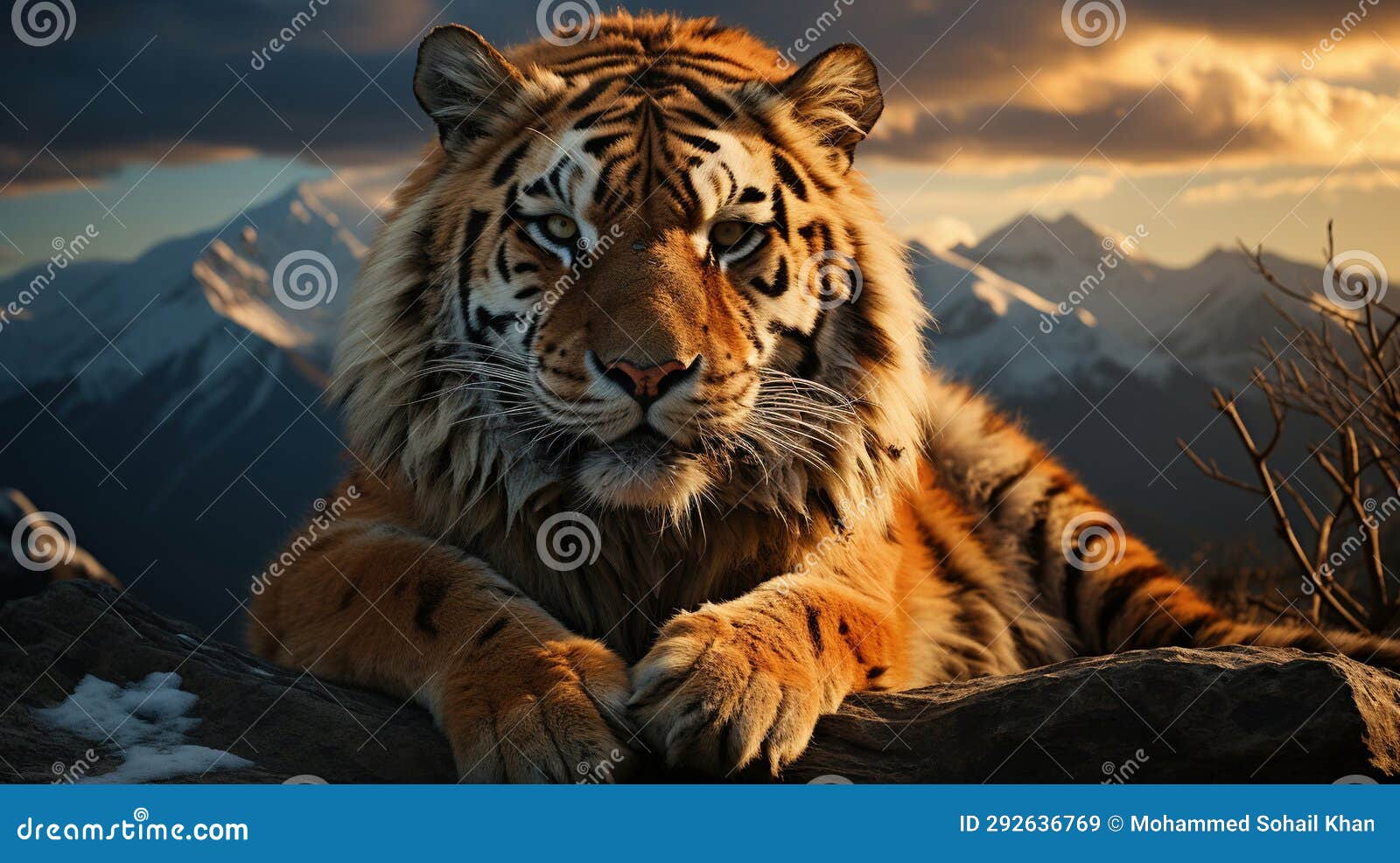 A Strong Bengal Tiger Relax on Mountain Top Selective Focus Background ...