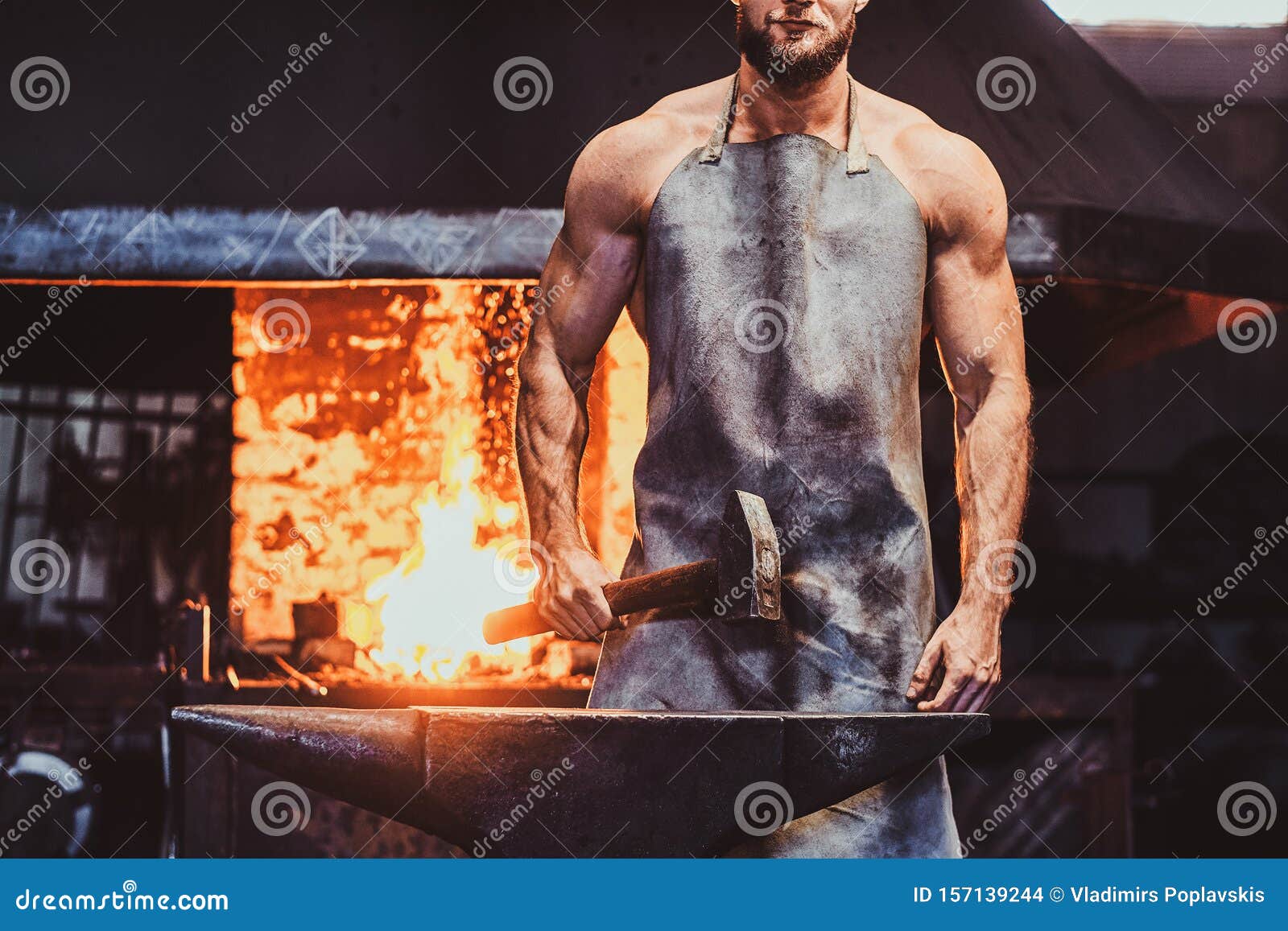 Strong Blacksmith Hold Hammer Tool In Muscular Arms Biceps Triceps In ...