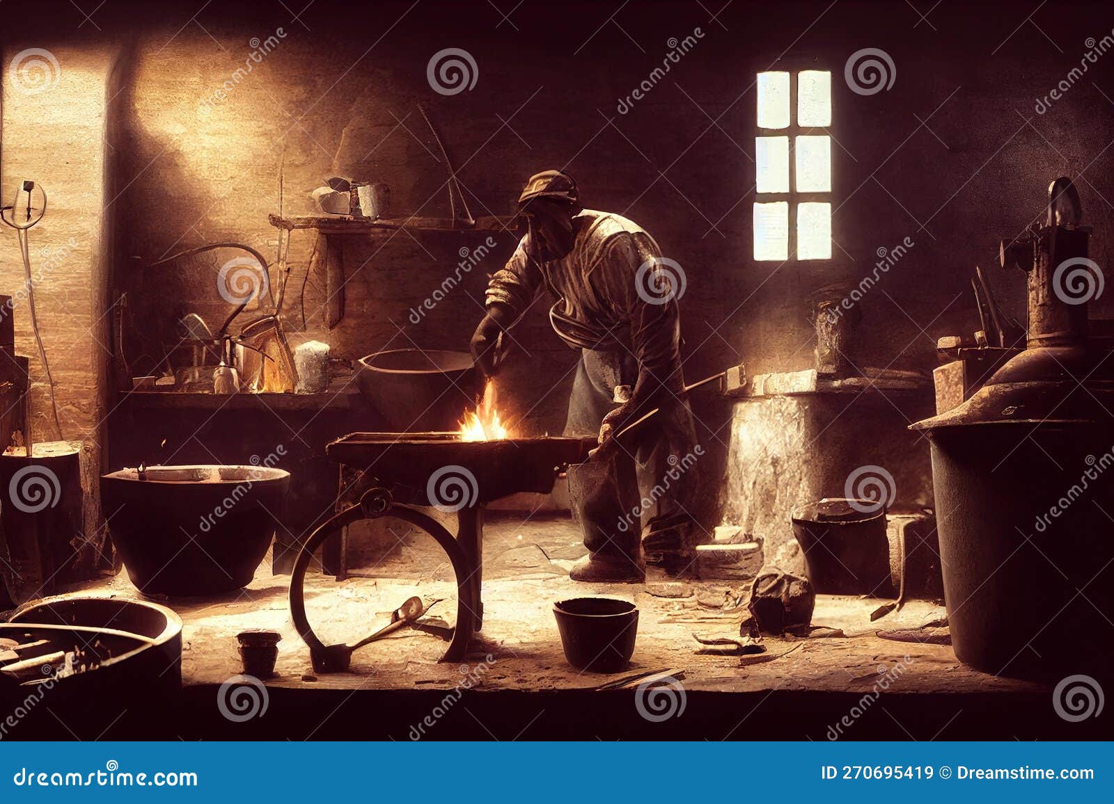 Strong Blacksmith Work Forge Iron Metal On Anvil Vector Illustration ...