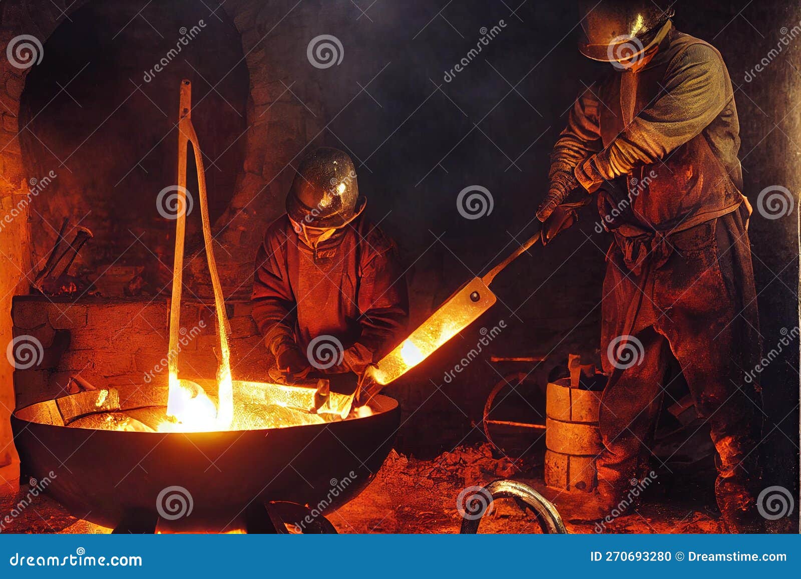 Strong Blacksmiths Melt Metal in Large Vat To Process it on Anvil ...