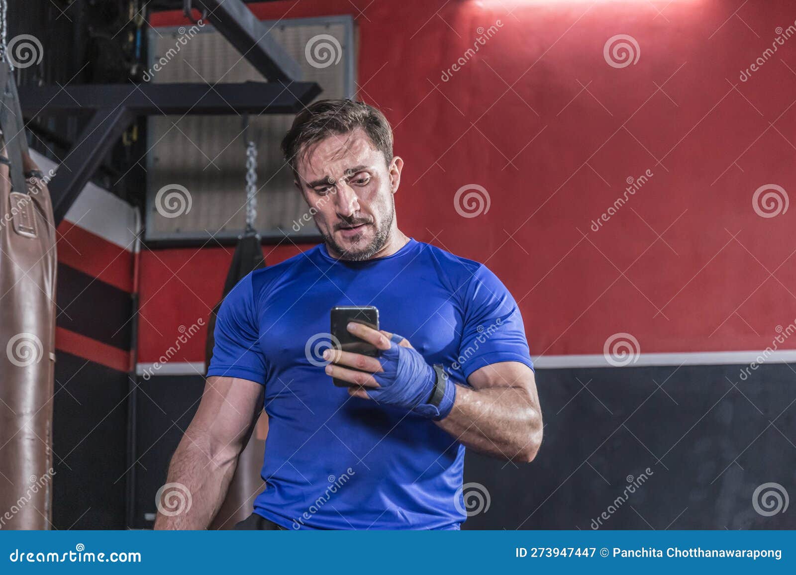 Strong Boxer Man Using Smartphone in Gym Stock Image - Image of club ...