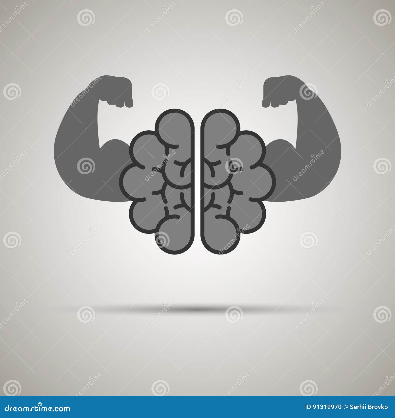 Strong Brain Concept. Line Style Brain Showing Muscle Arms. Cartoon ...