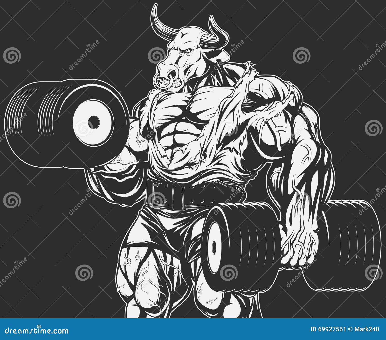 Strong bull with dumbbells stock vector. Illustration of hunk - 69927561