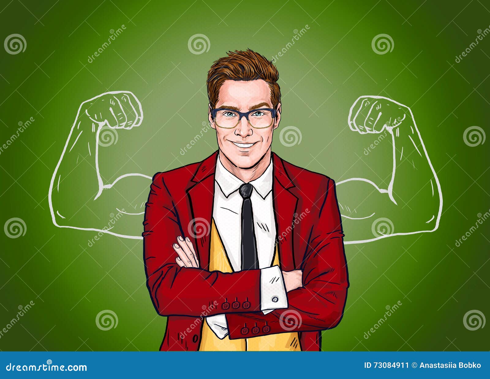 Strong Businessman in Glasses in Comic Style.Success .Worker. Stock ...