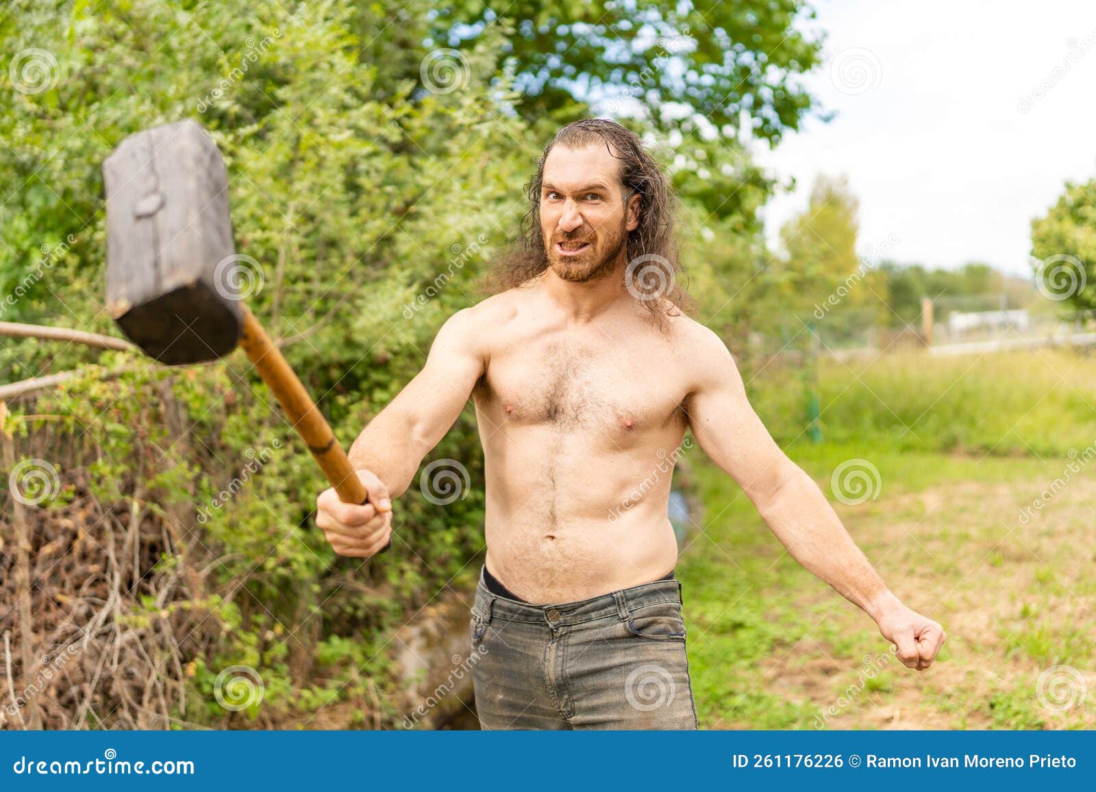 Strong Country Man with Bare Torso and a Hammer Stock Photo - Image of ...