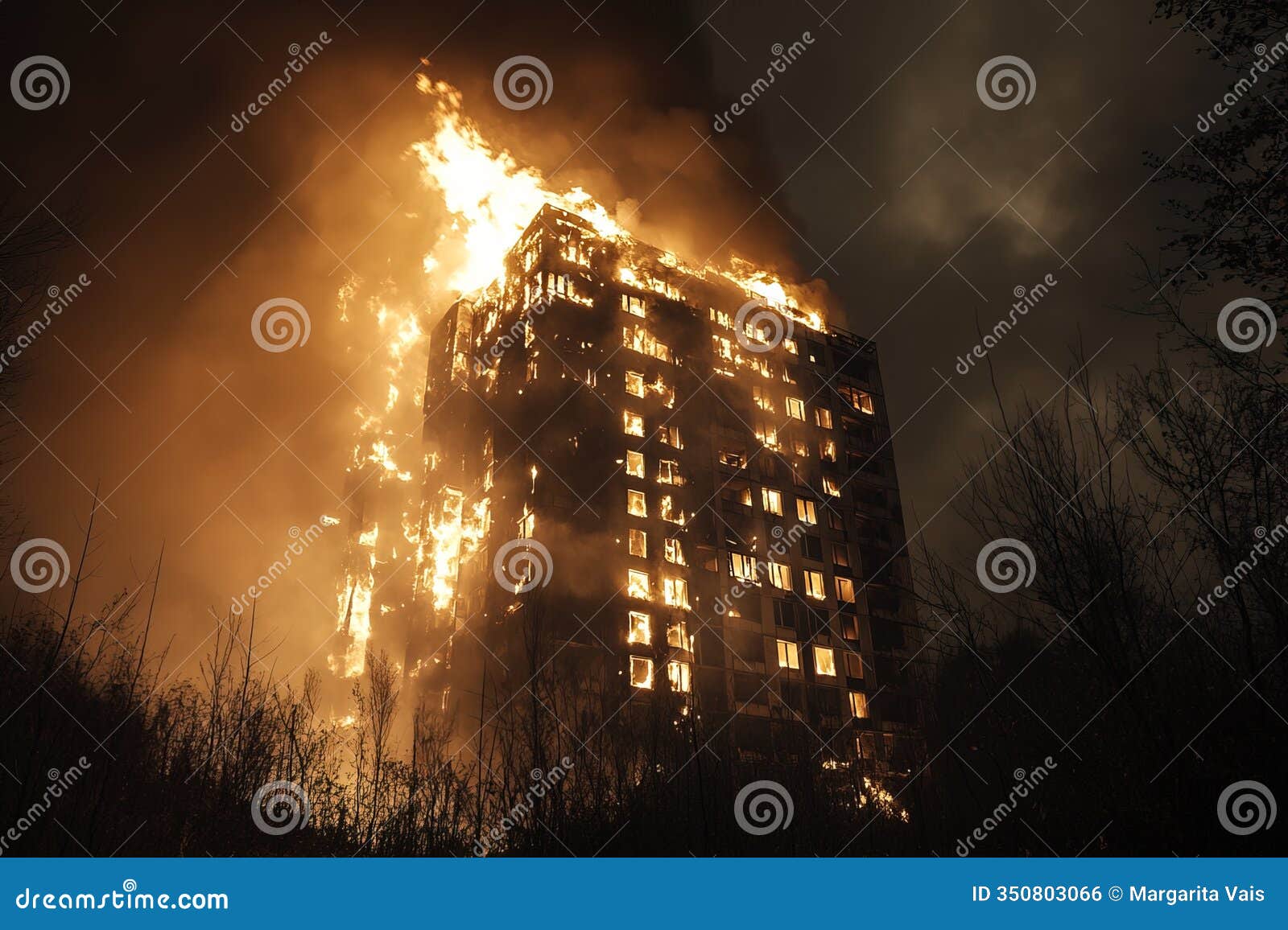 Strong Fire in an Apartment Building with Bright Flames and Thick Smoke ...