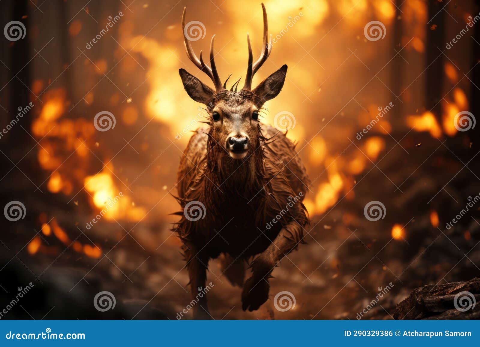 Strong Forest Fire Scared Deer Running from Burning Forest Generative ...