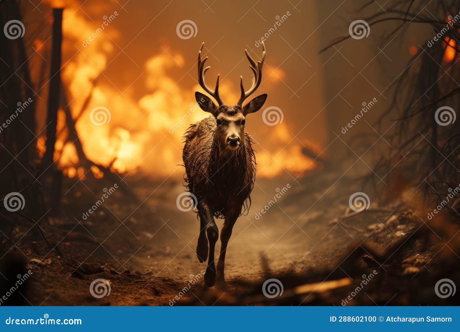 Strong Forest Fire Scared Deer Running from Burning Forest Generative ...