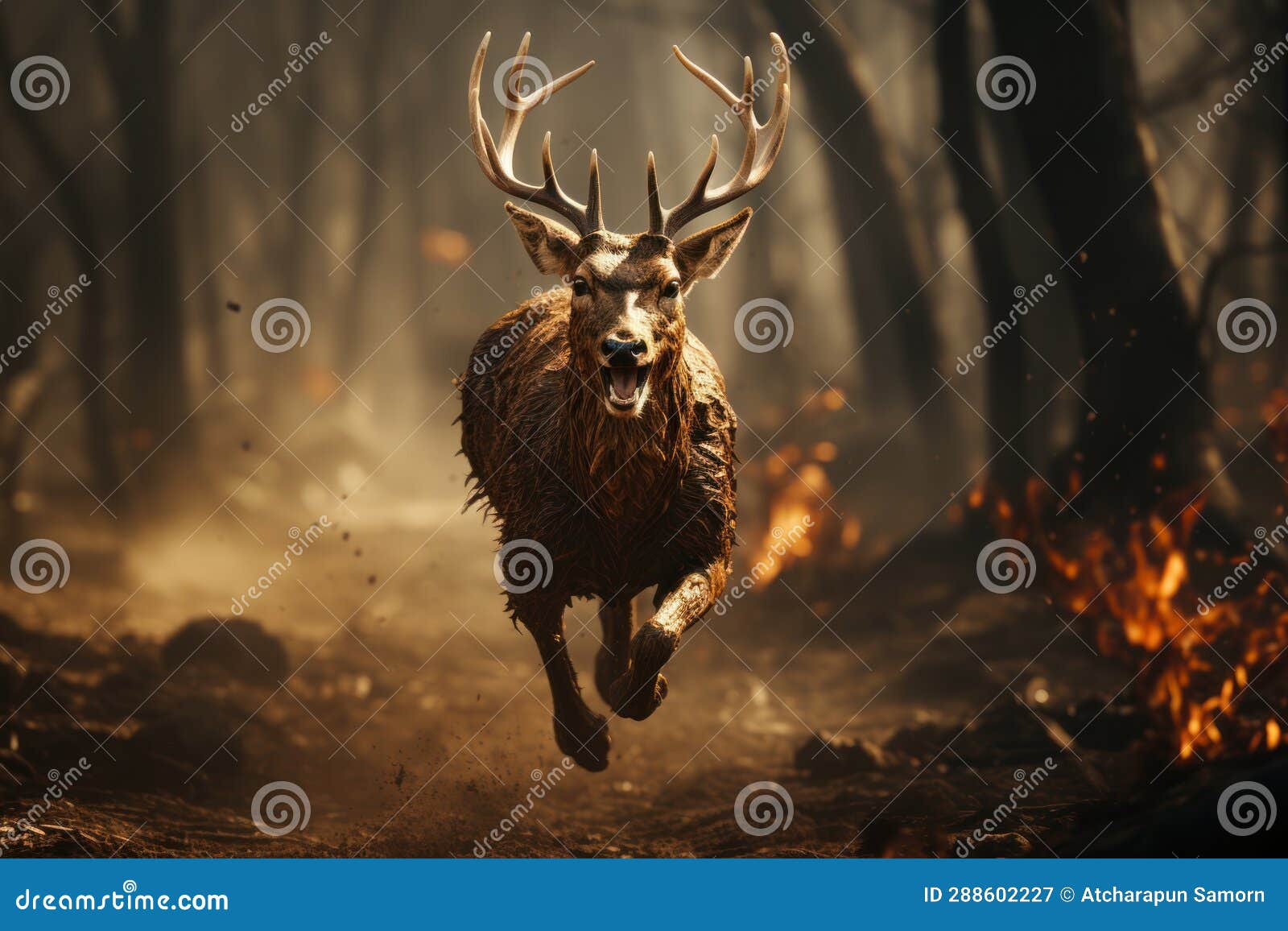 Strong Forest Fire Scared Deer Running from Burning Forest Generative ...