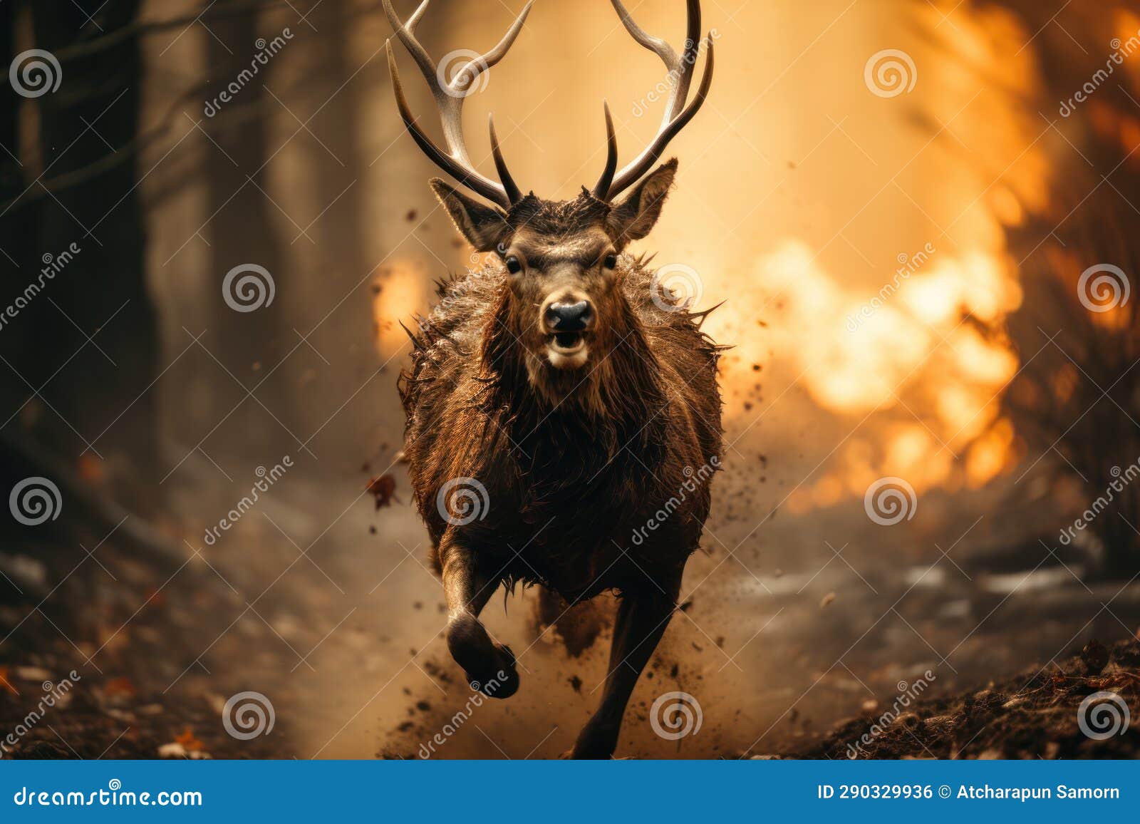 Strong Forest Fire Scared Deer Running from Burning Forest Generative ...