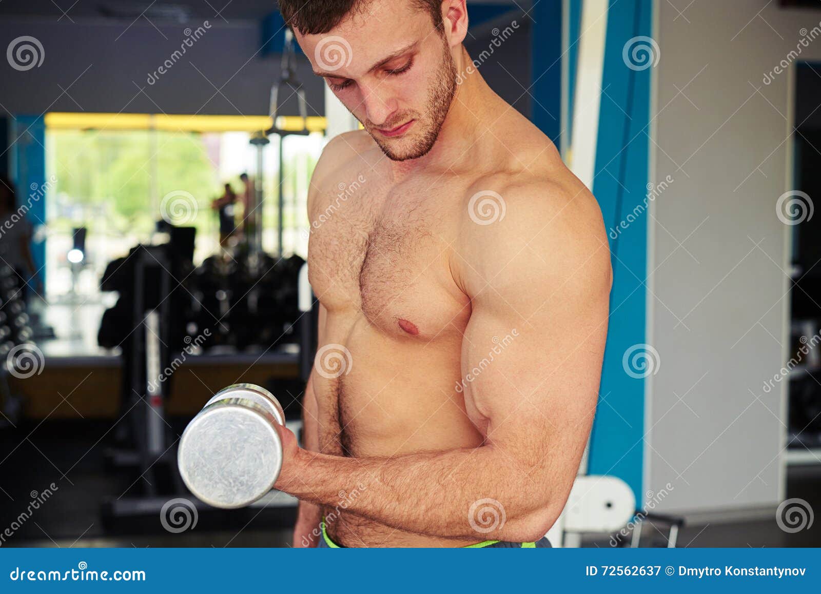 Strong Guy with Bare Chest is Flexing Biceps Stock Image - Image of ...