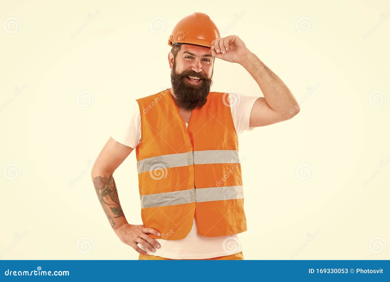 Strong Handsome Builder. Creating Solid Foundation. Man Protective Hard ...