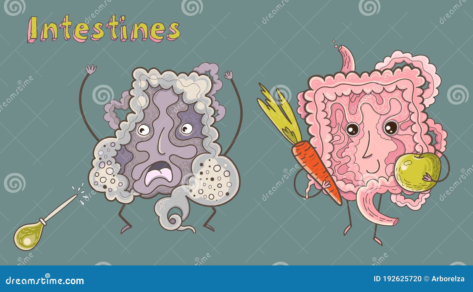 Cartoon Vector Illustration of Healthy and Sick Intestines. Funny ... Cartoon Vector Illustration of Healthy and Sick Intestines. Funny ...