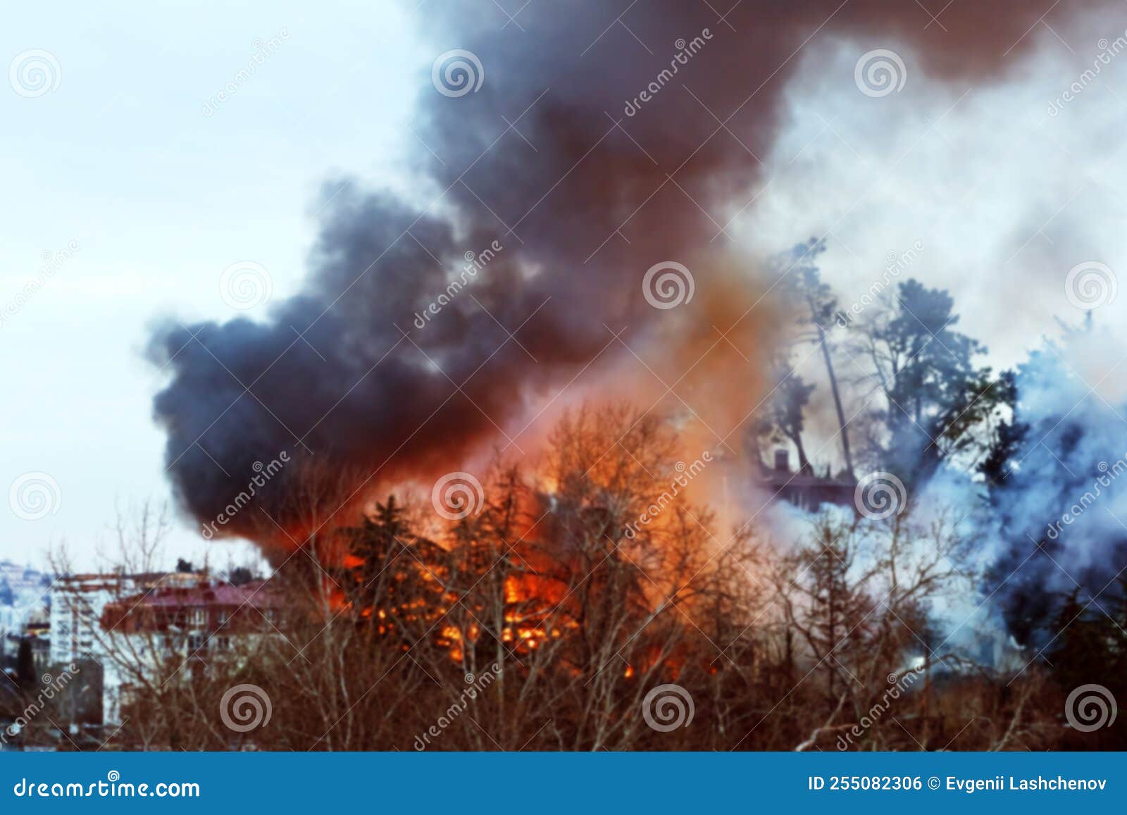 Strong House Fire, Fire and Black Column of Smoke. Blurred Image Stock ...