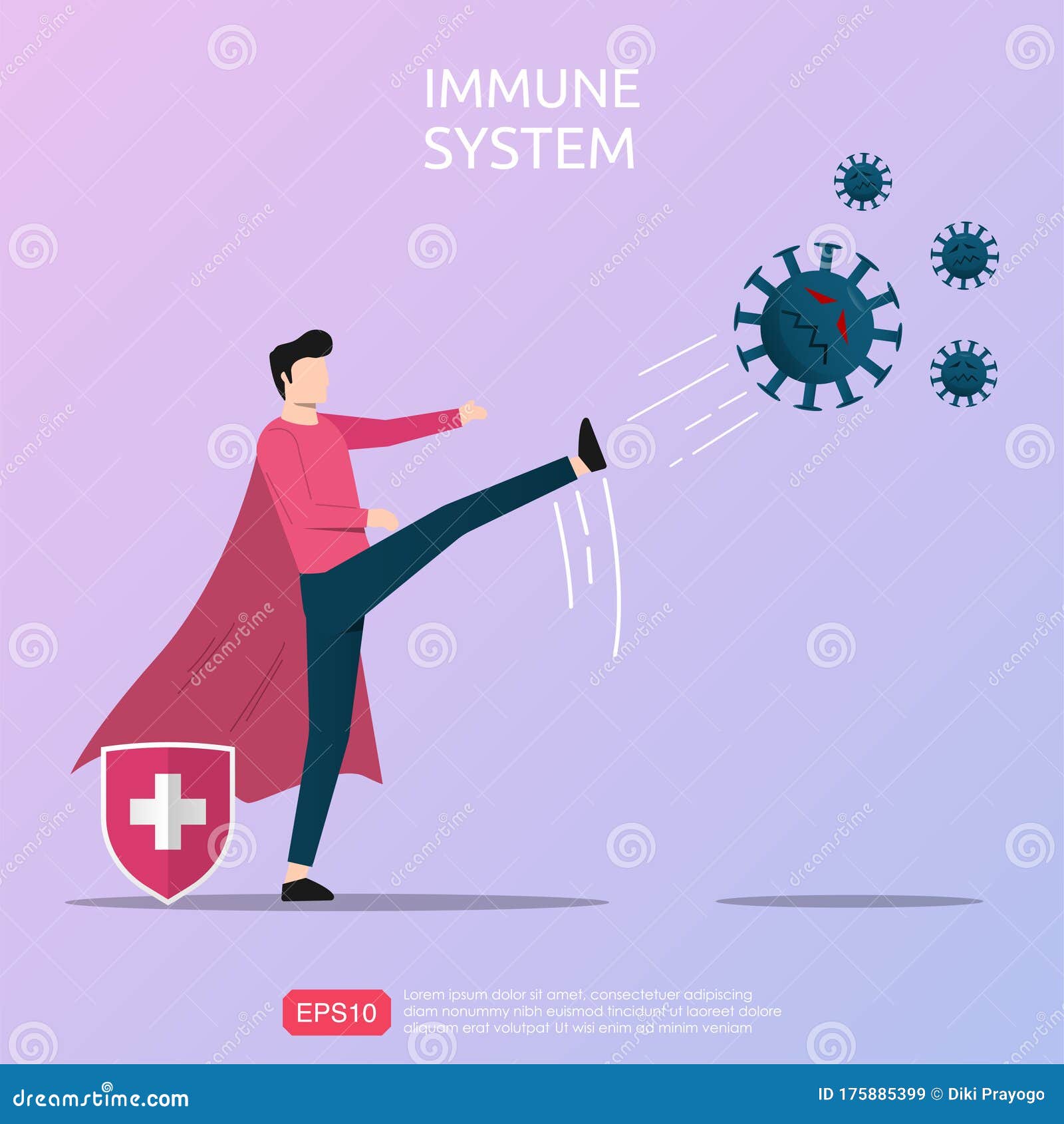 Strong Immune System Concept. Powerful Man Character Kicking Virus or ...