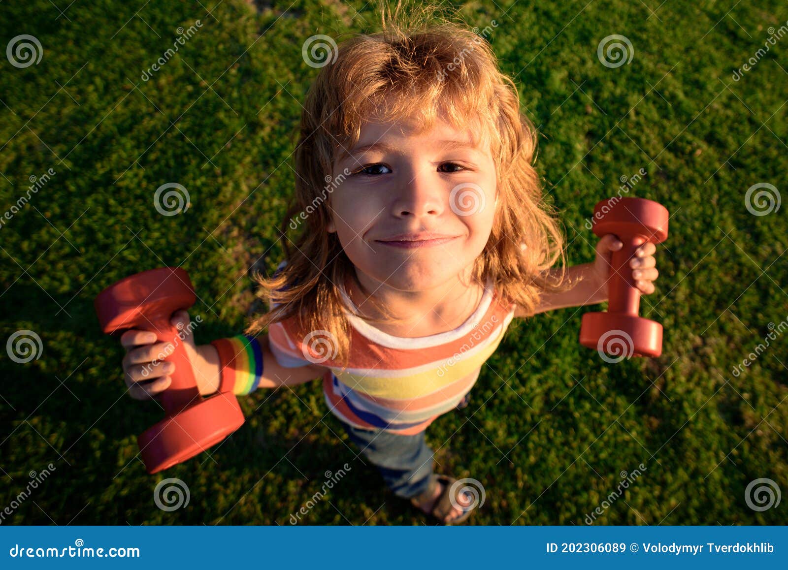 Strong Little Boy. Funny Child with Dumbbells. Stock Image - Image of ...