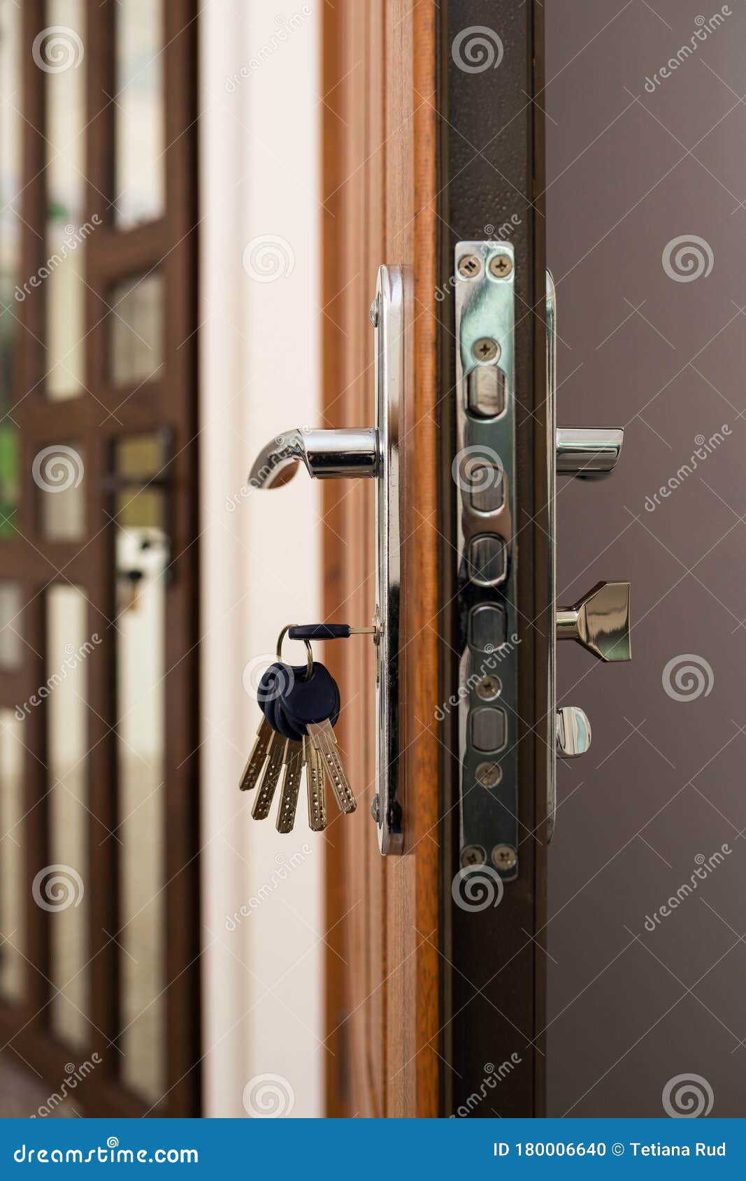 Strong Lock with Keys in the Front Door. Door Lock with Keychain, Open ...